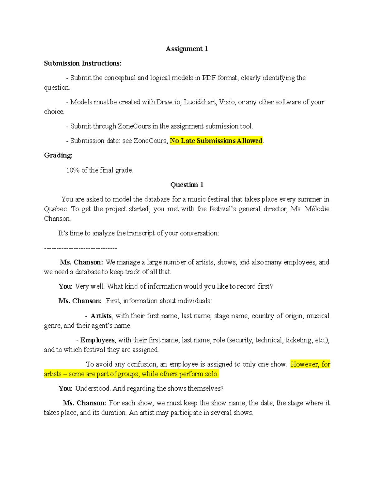 Assignment 1: Database Modeling for Music Festival (Conceptual & Logical) - Studocu