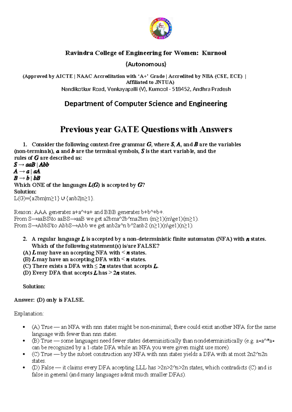 GATE CSE Previous Year Questions with Solutions and Explanations - Studocu
