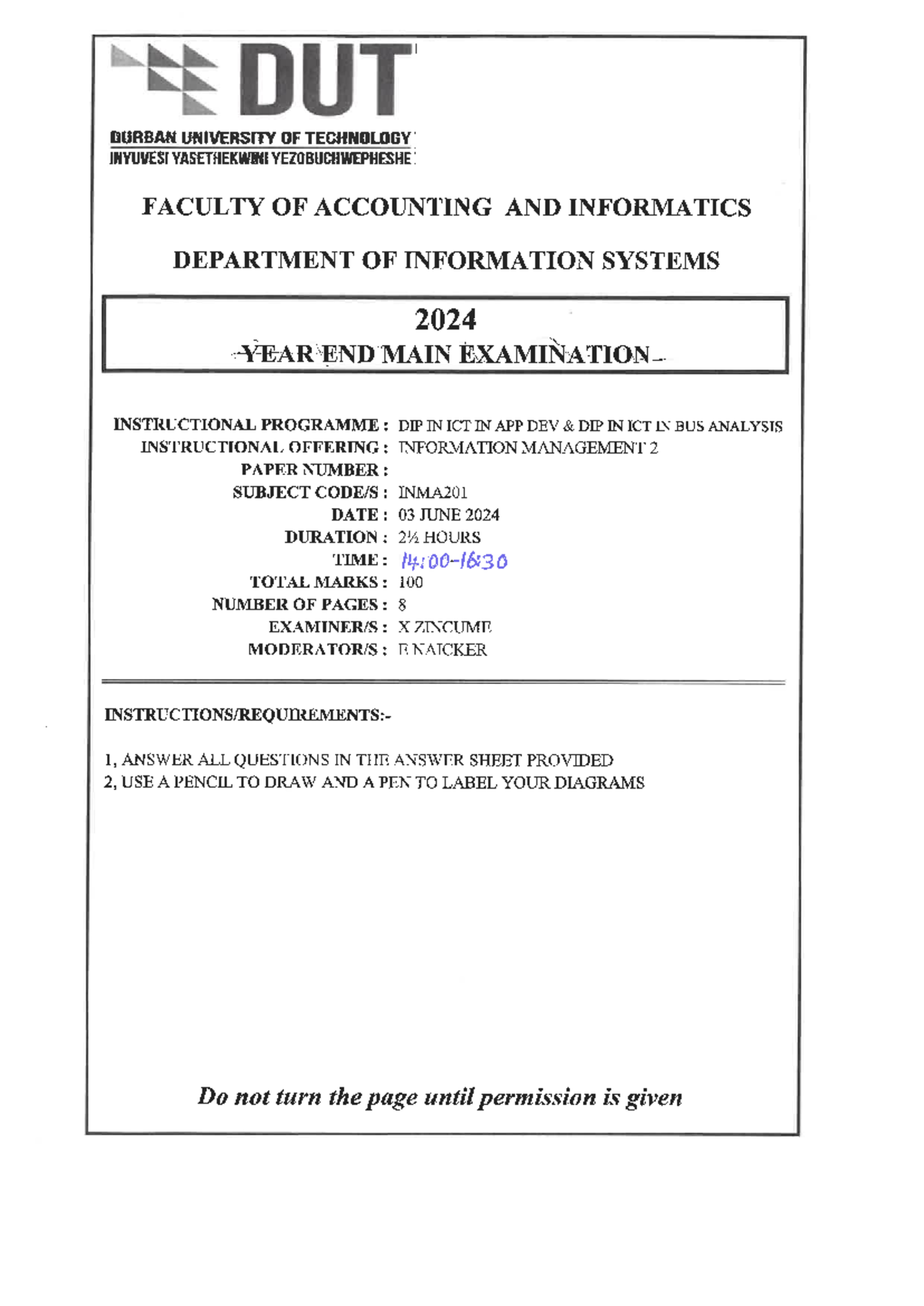 DUT INMA201 Information Management 2A 2024 Main Exam Study Guide - Studocu