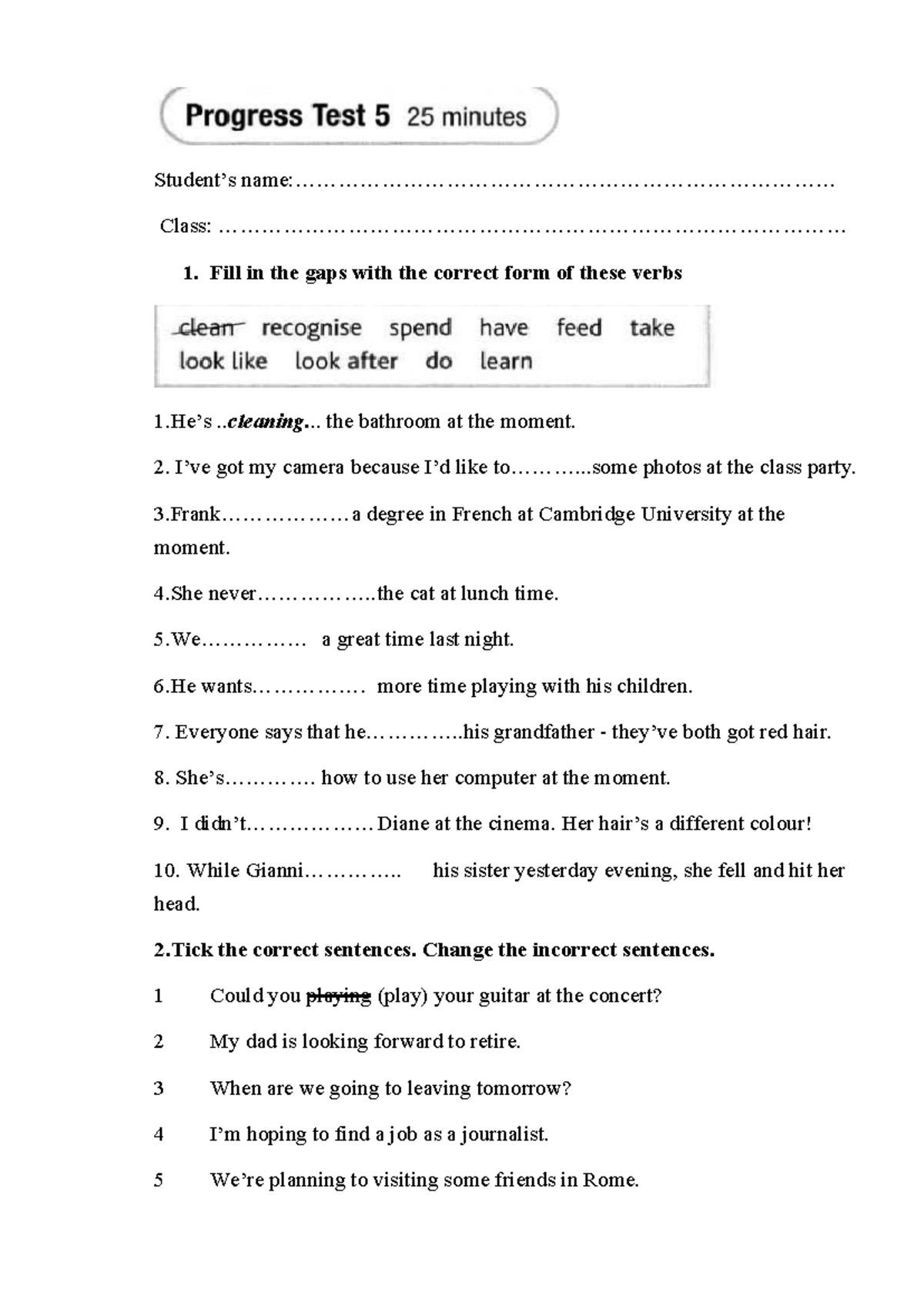 Progress Test 5 - Hp2 - TA2: Verb Forms & Preposition Practice - Studocu