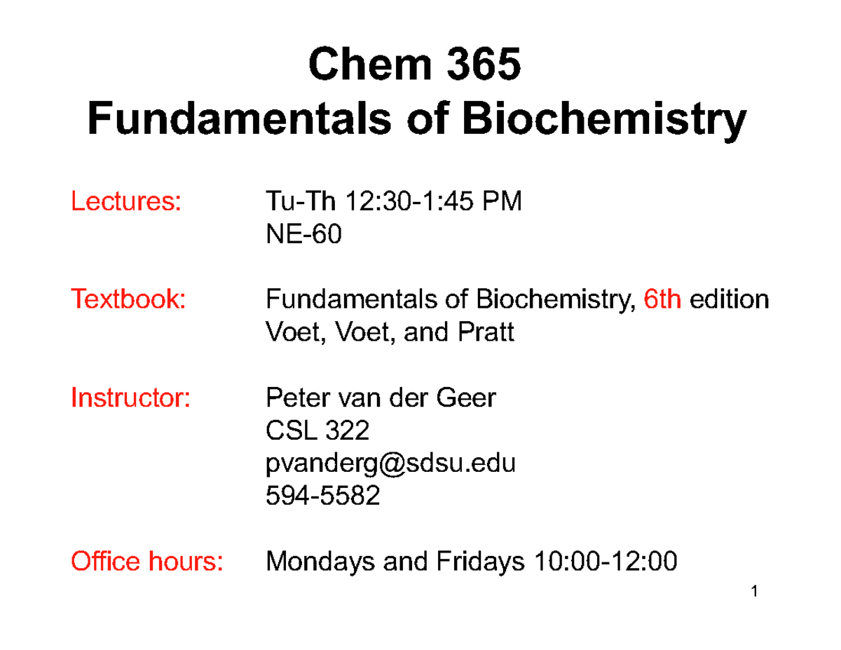 Van der Geer Lecture 1 - Chem 365 Fundamentals of Biochemistry Lectures ...