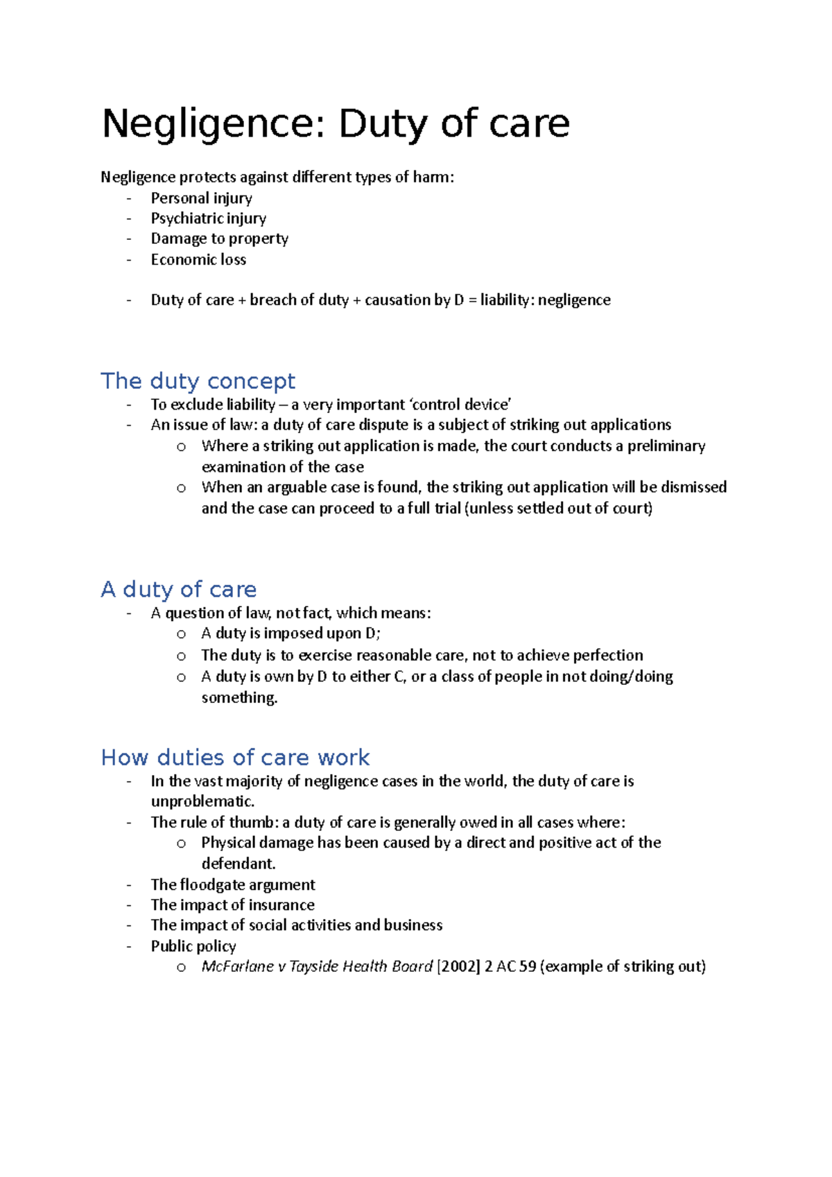 Negligence: Duty of Care Overview and Legal Principles - Studocu