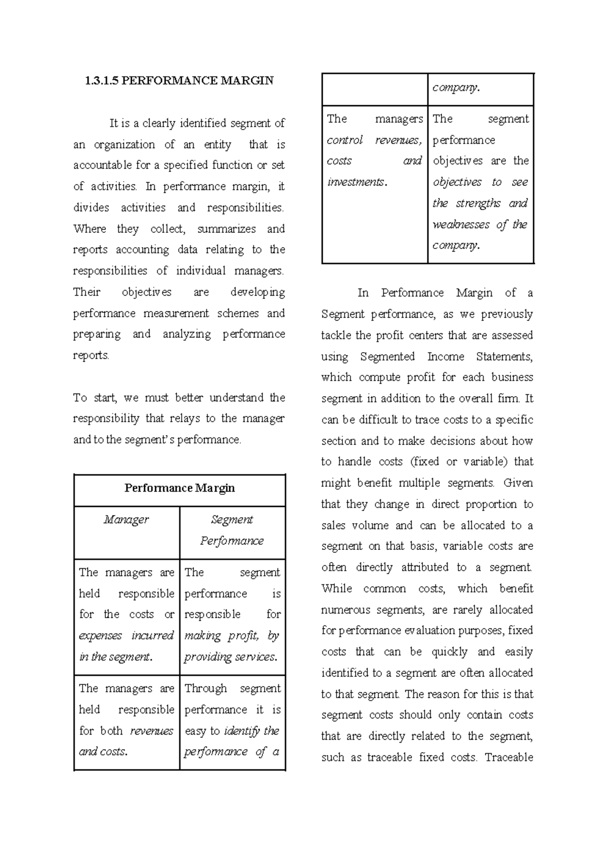 1.3.1.5 Performance Margin and Evaluation of Investment Centers - Studocu