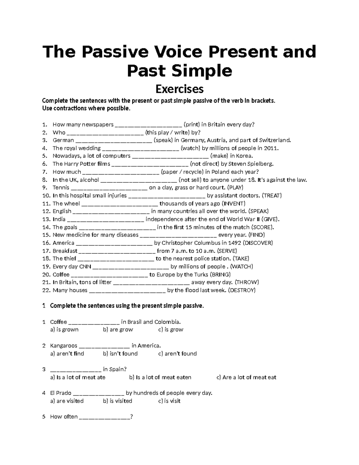 The Passive Voice: Present & Past Simple Exercises (ENG101) - Studocu