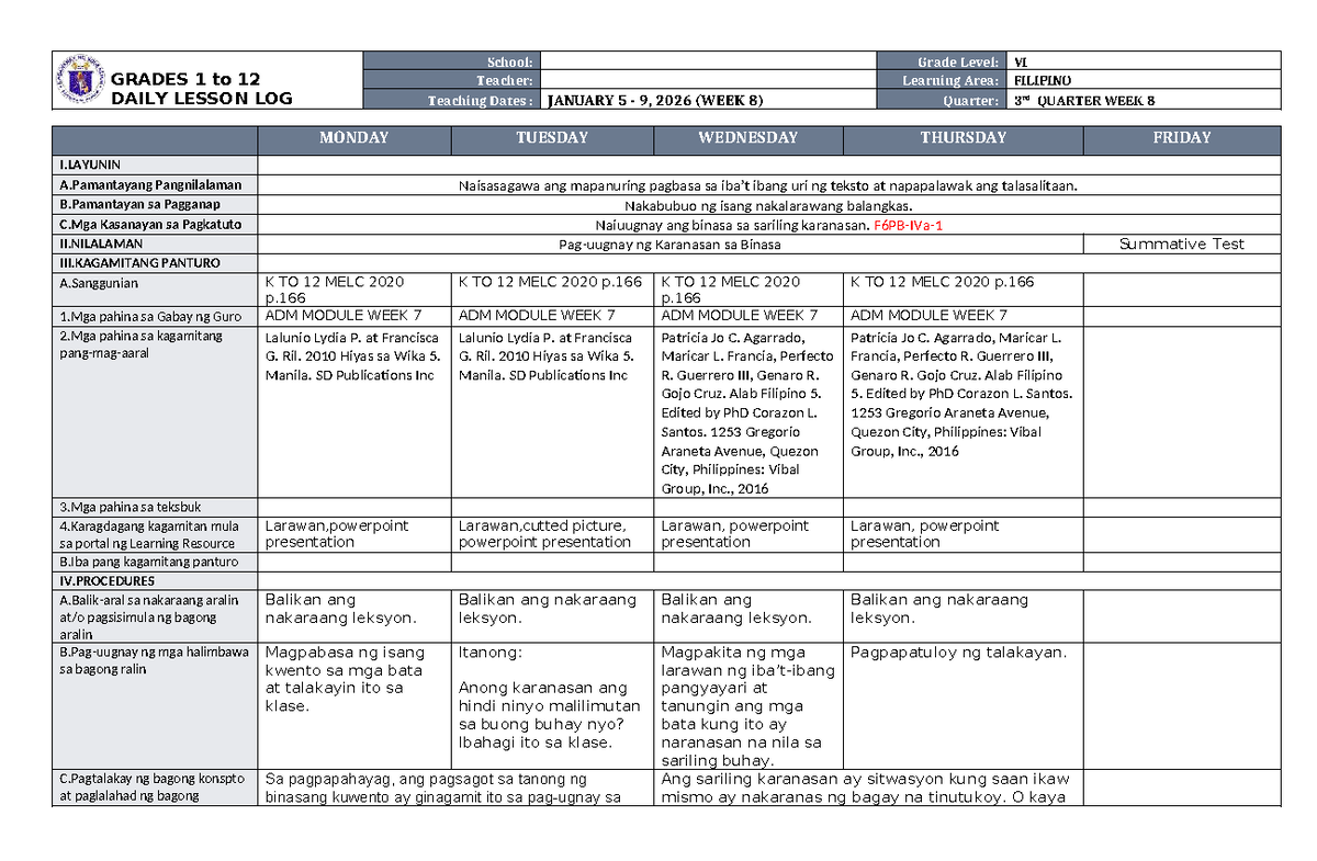 DLL: Filipino Daily Lesson Log for Grades 1-12 (Week 8) - Studocu