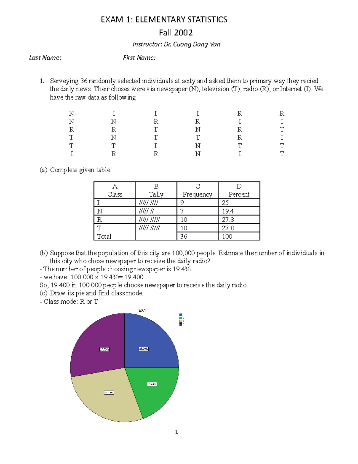 F2020 IS STA151 Regular - EXAM 1: ELEMENTARY STATISTICS Fall 2002 ...