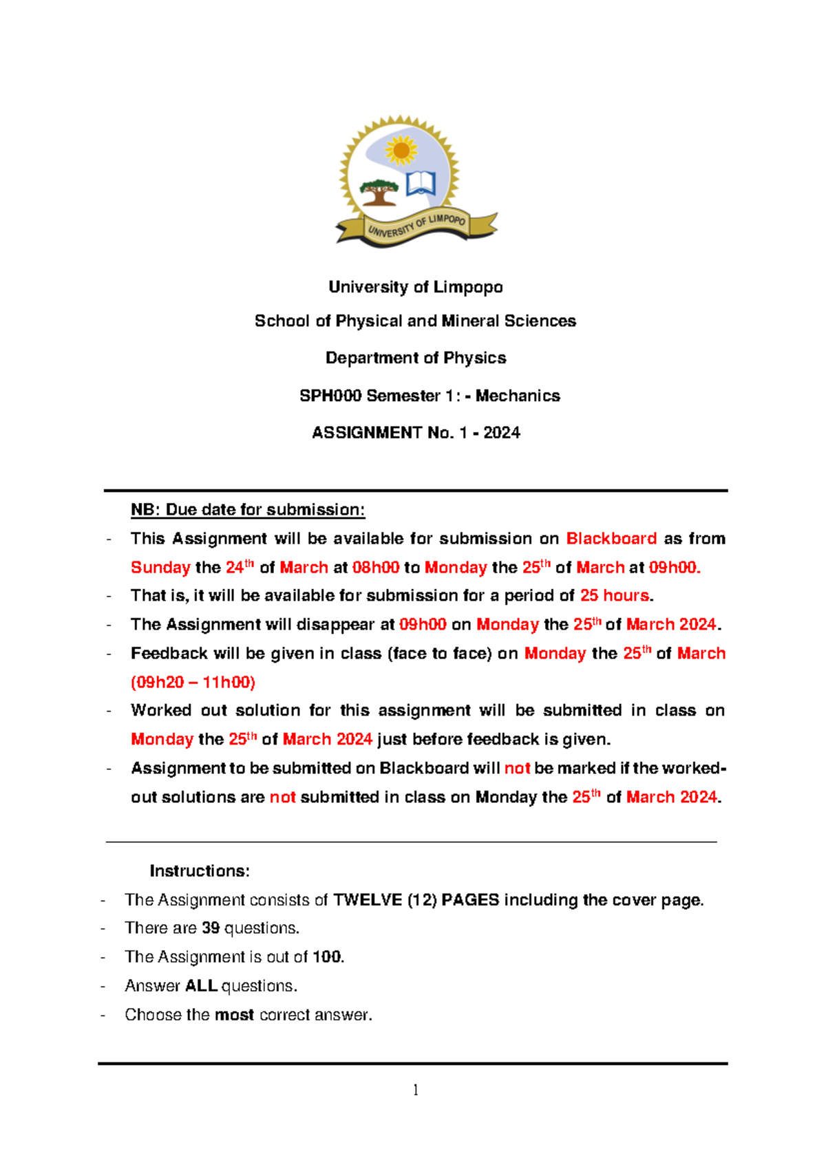 SPHS000 Mechanics Assignment 1 Overview 2024 - Studocu