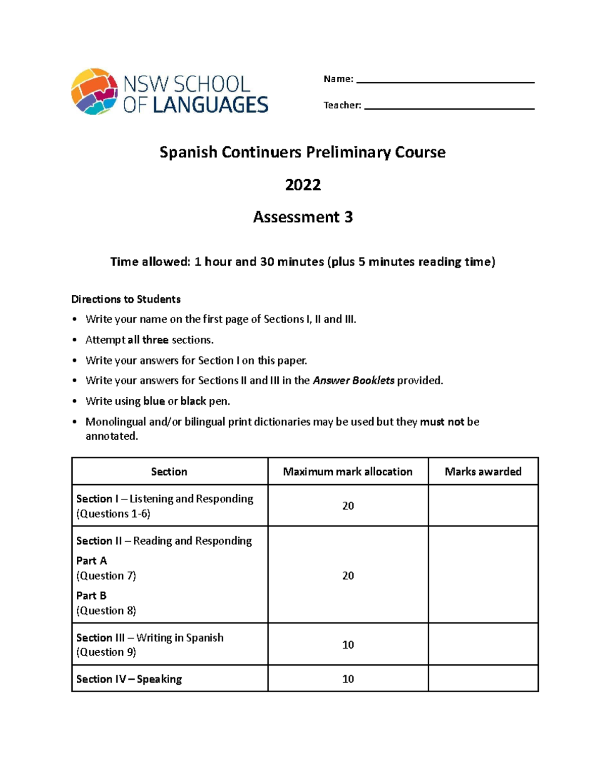 Spanish Continuers Preliminary Course 2022 Assessment 3 Exam Practice ...