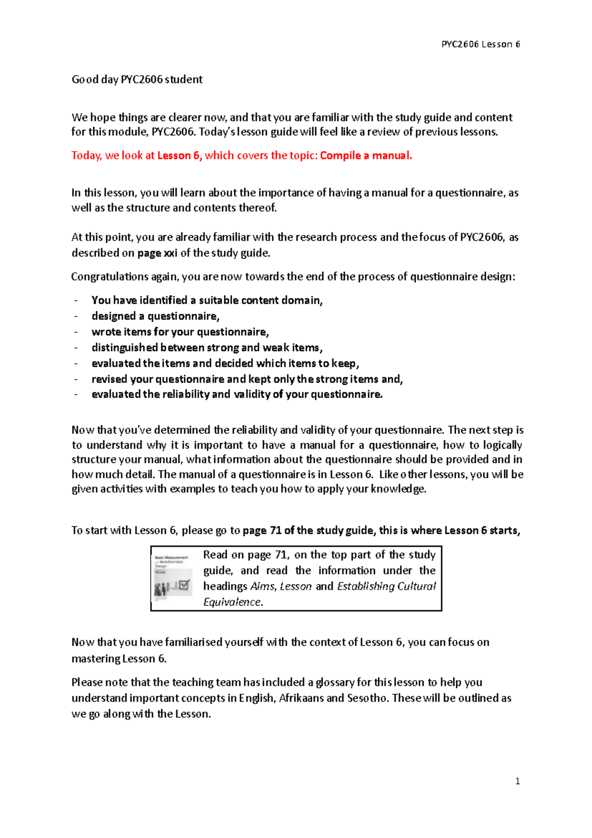 PYC2606 Lesson 6: Compiling a Questionnaire Manual for Research - Studocu