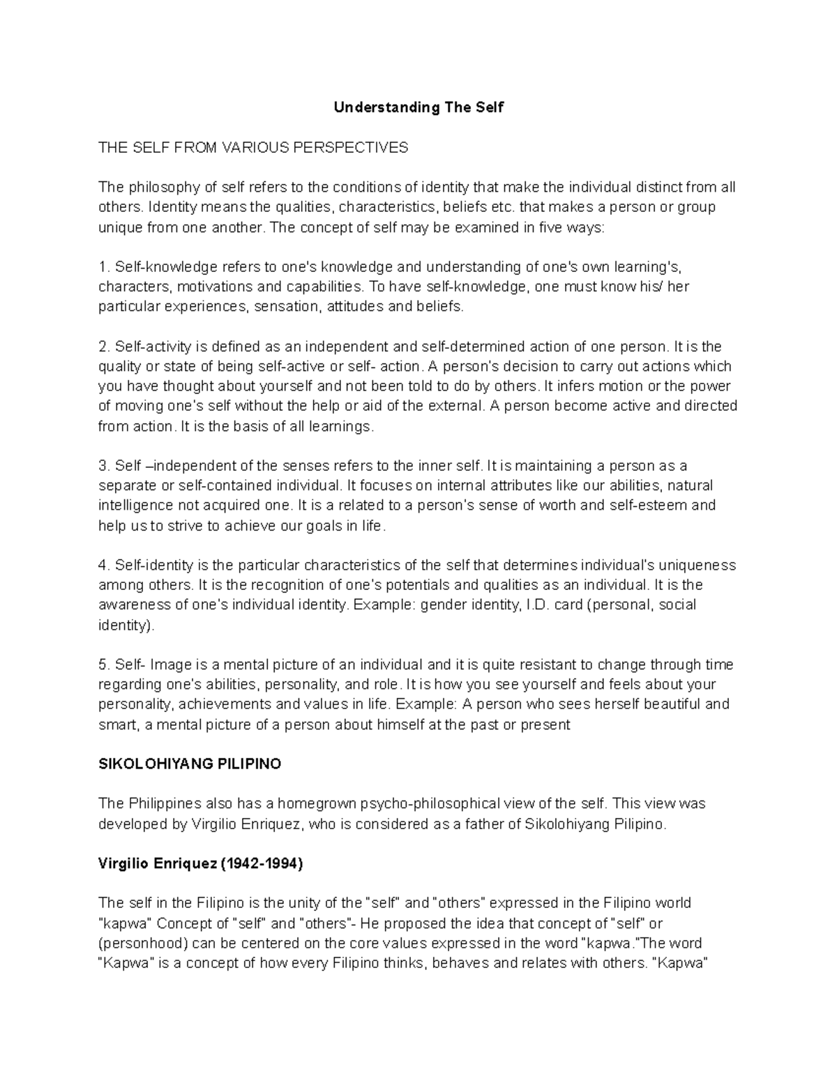 Understanding the Self 1 - Understanding The Self THE SELF FROM VARIOUS ...