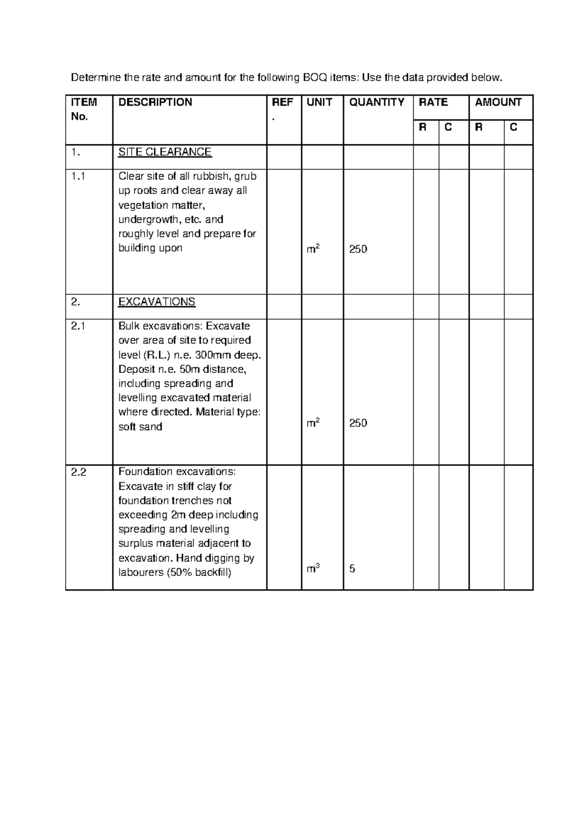 Site Clearing & Excavation BOQ Analysis - Estimate Example - Studocu