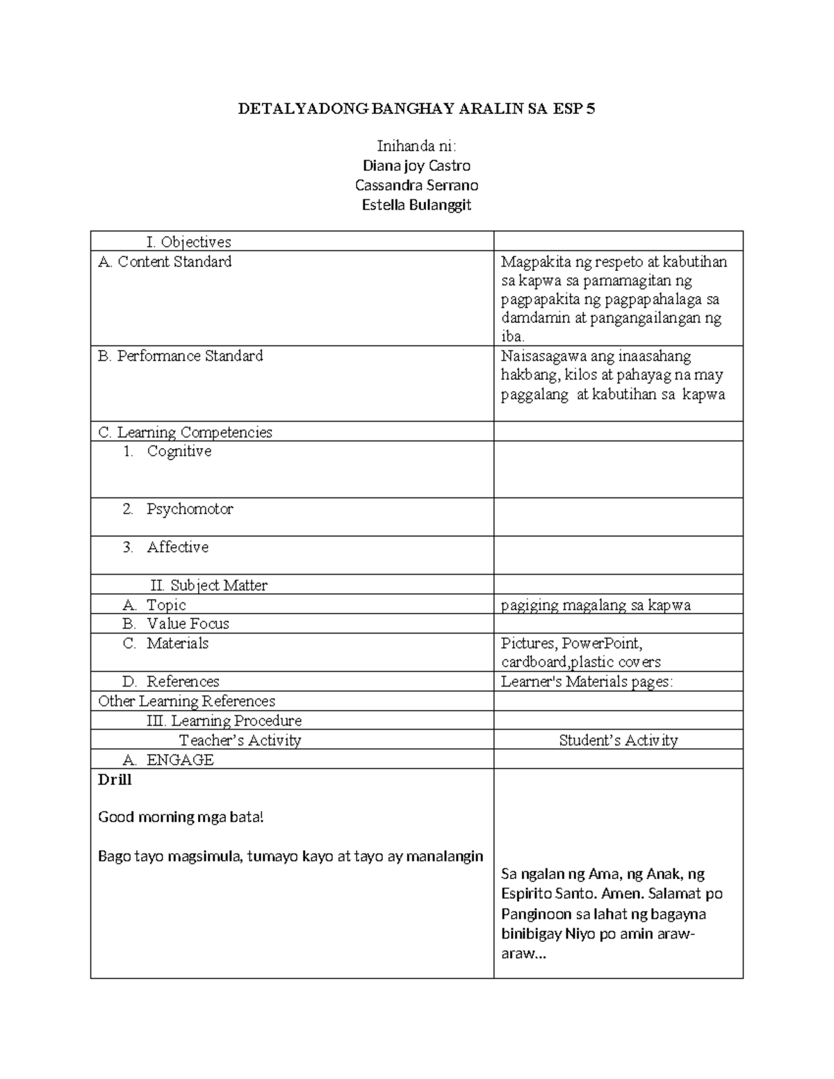 DETALYADONG BANGHAY ARALIN SA ESP 5: GMRC Lesson Plan - Studocu