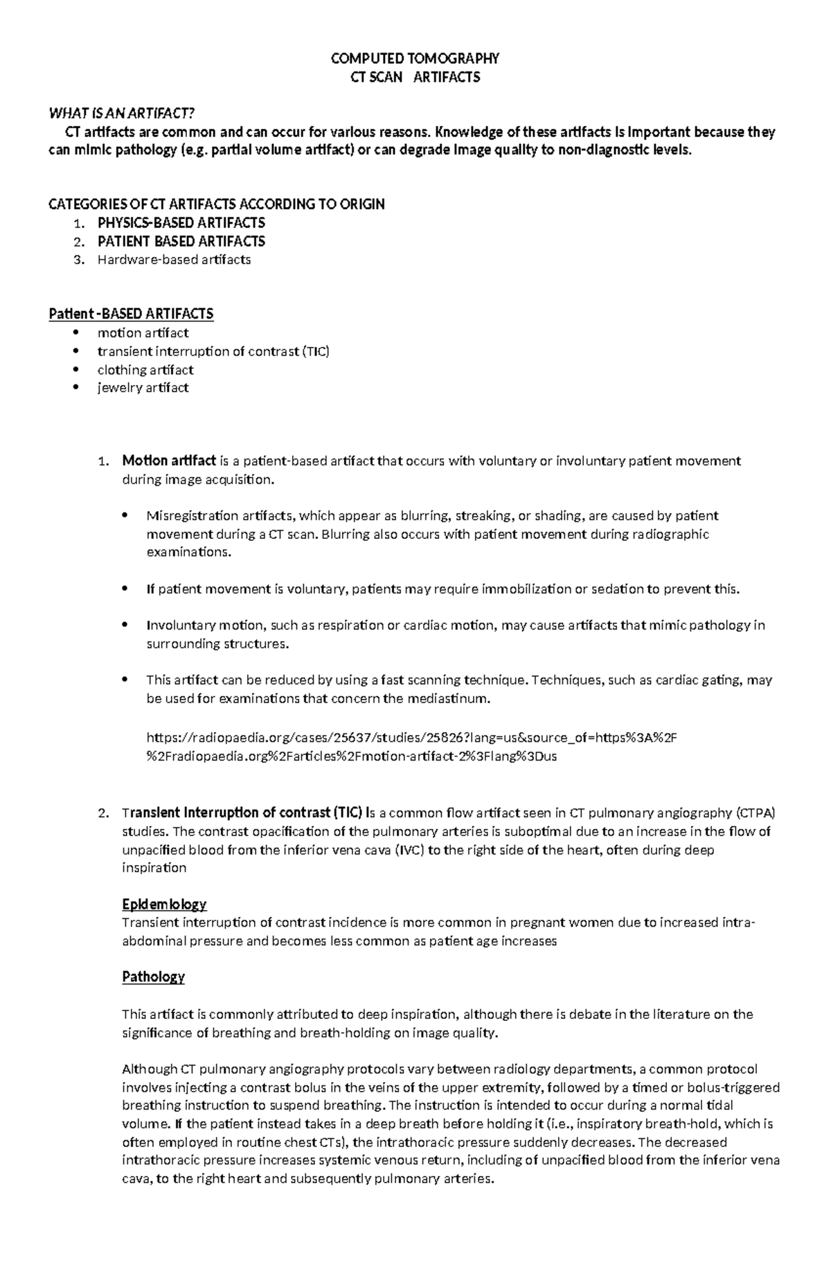 CT Scan Artifacts Overview - Handout for Clinical Practice - Studocu