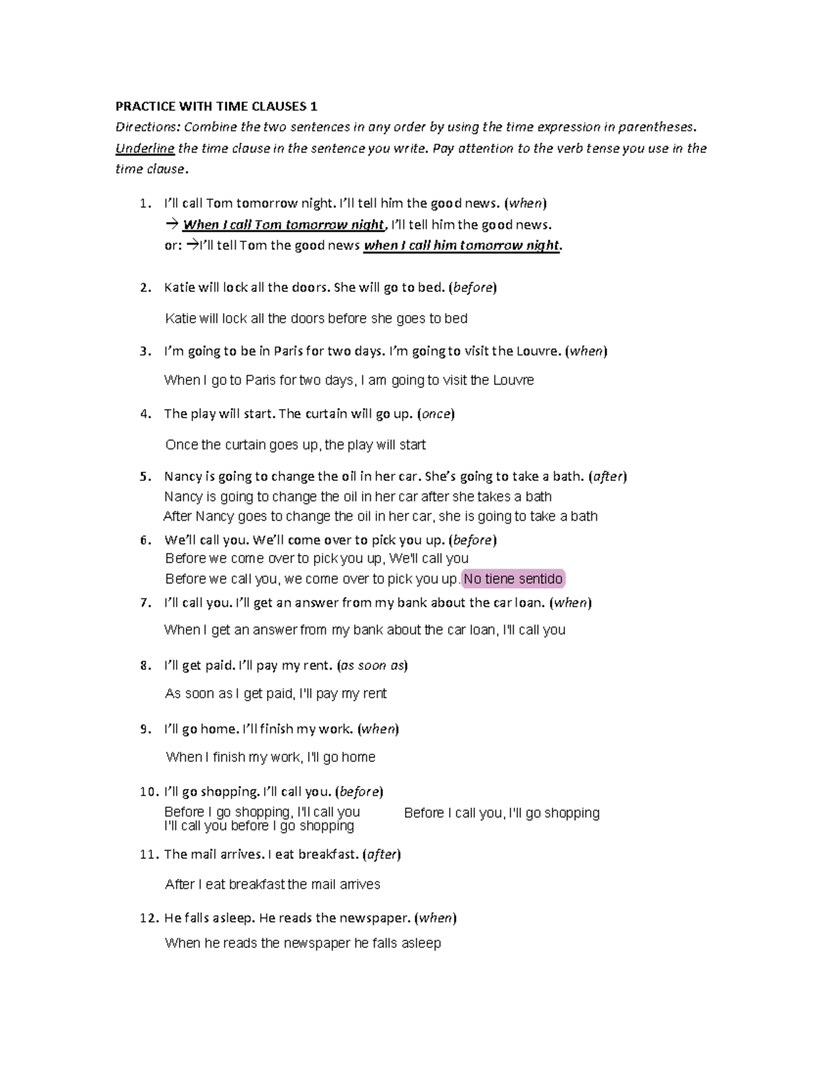 526972677 Time Clauses Exercises Sheet - PRACTICE WITH TIME CLAUSES 1 Directions: Combine the ...