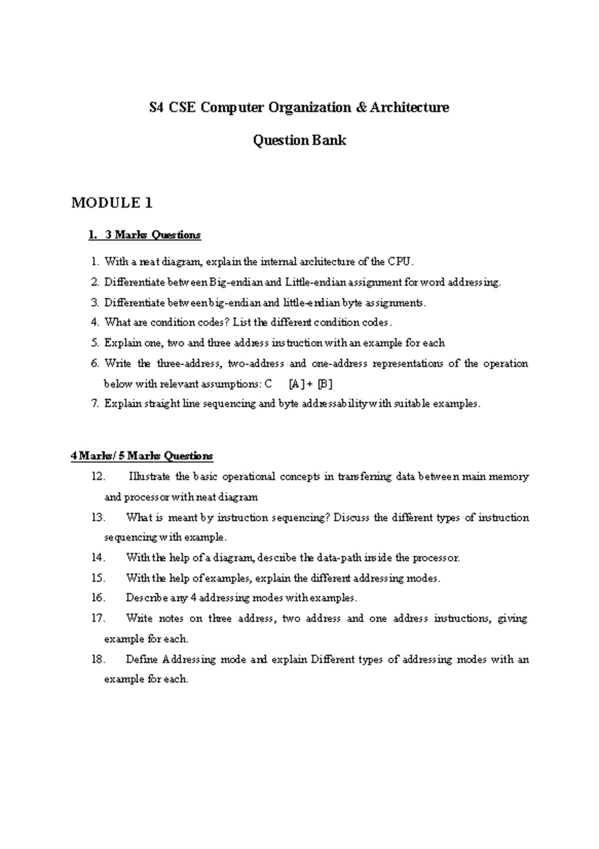 Computer Organization & Architecture - S4 CSE Question Bank - S4 CSE ...