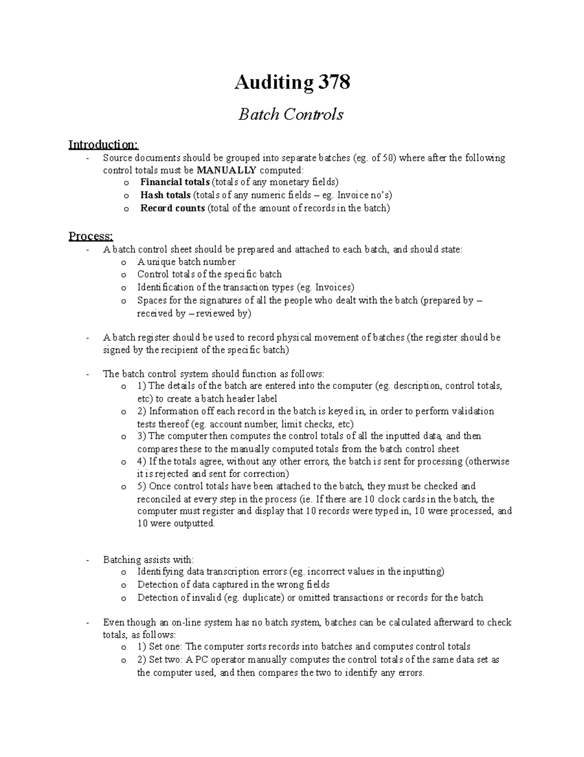 Auditing 378: Batch Controls Manual Totals and Process Overview - Studocu
