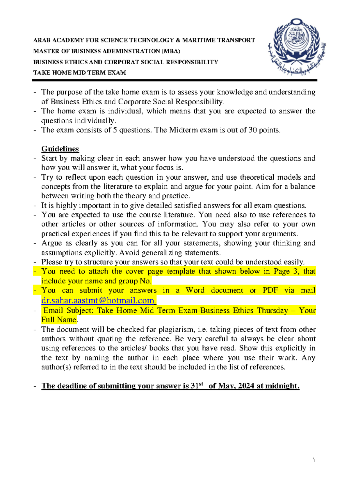 Take Home Midterm Exam - Business Ethics - AASTMT - May 2024 - Studocu