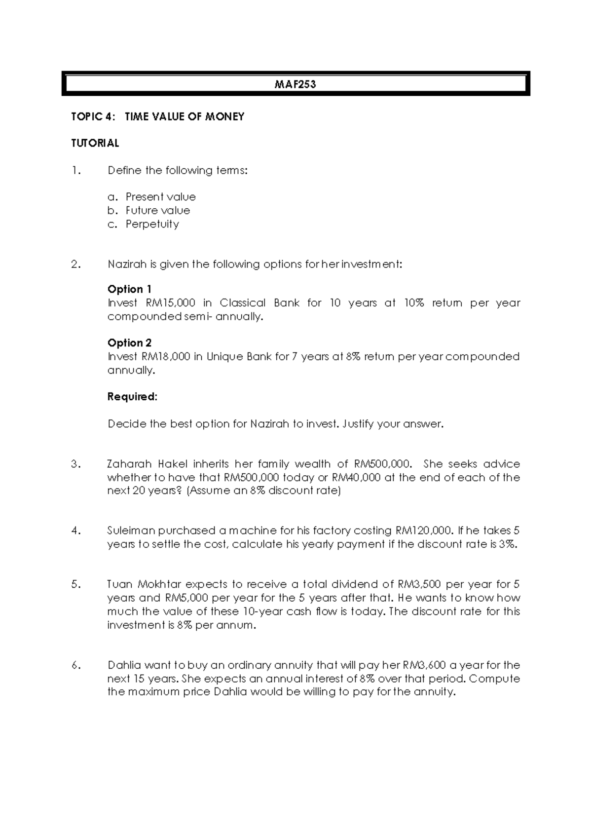 Topic 4 TIME Value OF Money - Tutorial Q - MAF TOPIC 4: TIME VALUE OF ...