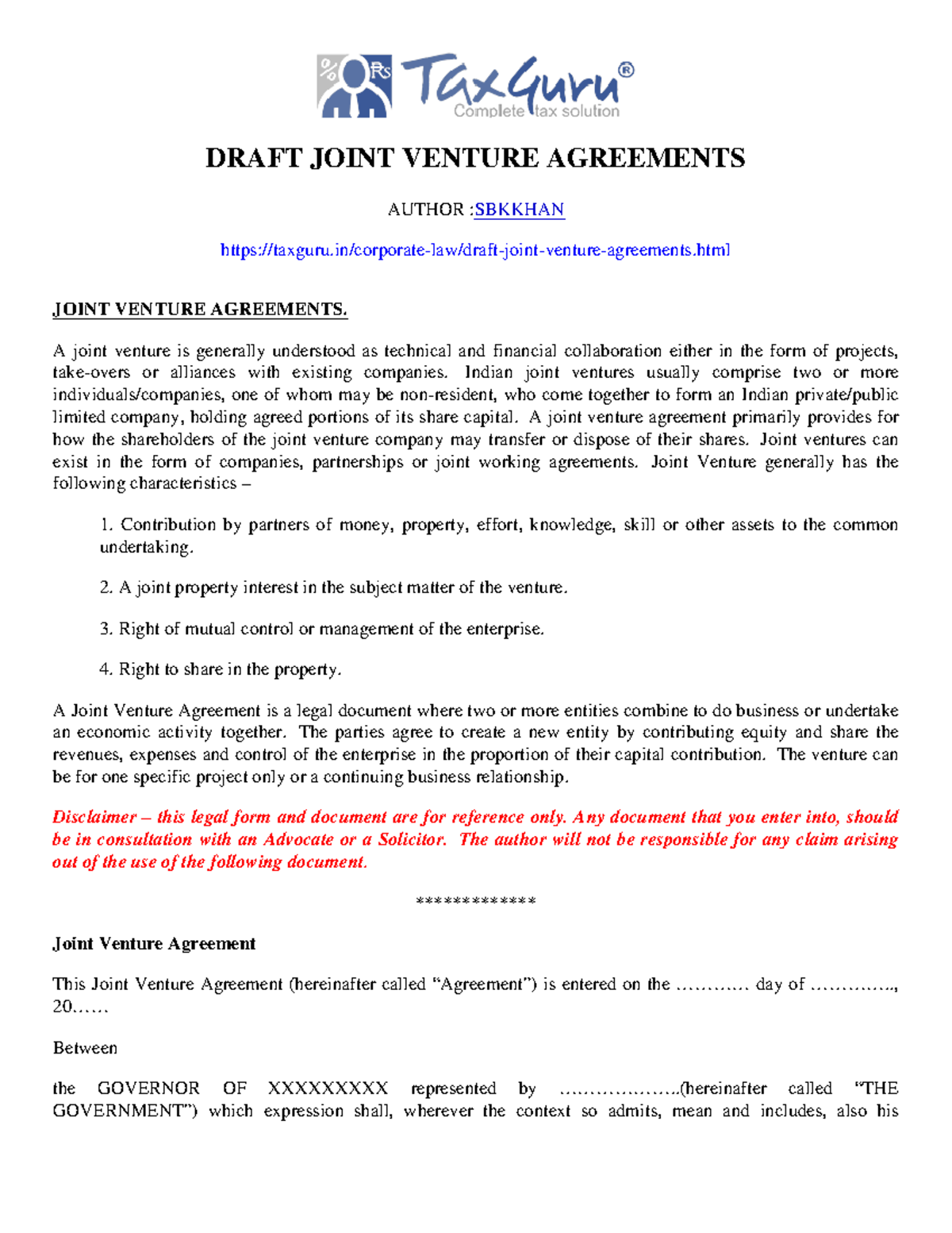 Draft Joint Venture Agreements (Tax) - Legal Framework and Guidelines - Studocu