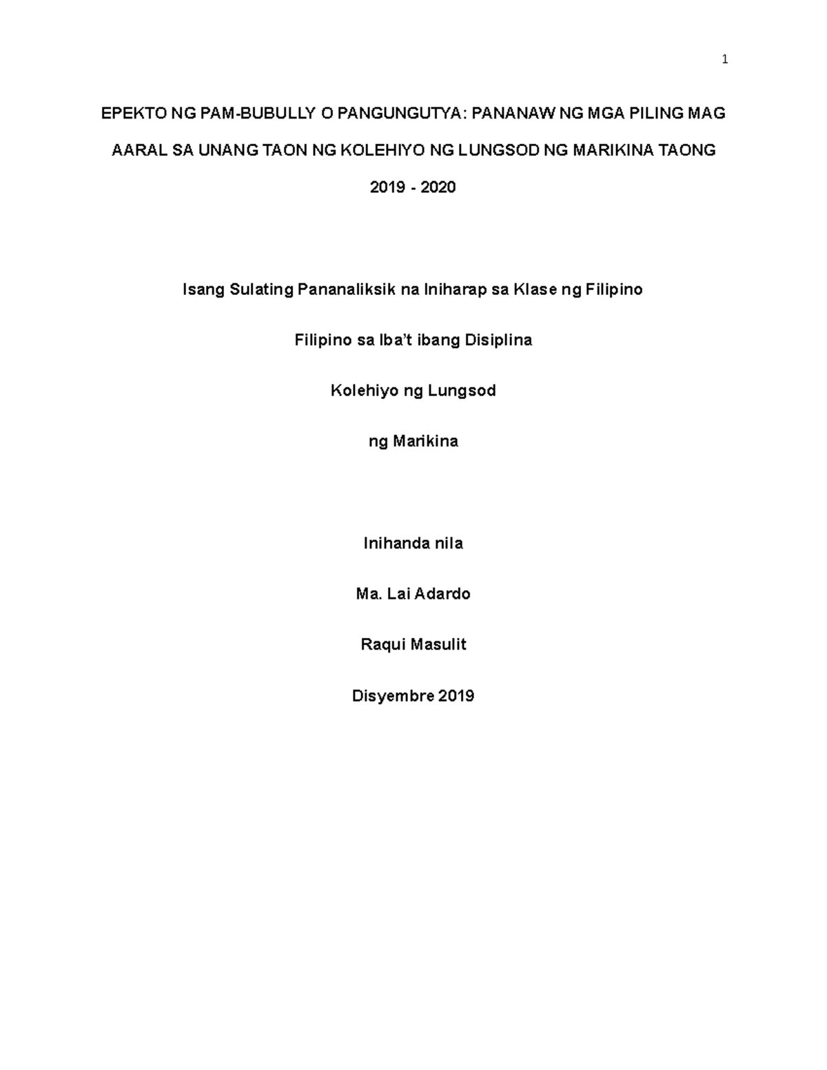 Thesis IN Filipino - EPEKTO NG PAM-BUBULLY O PANGUNGUTYA: PANANAW NG ...