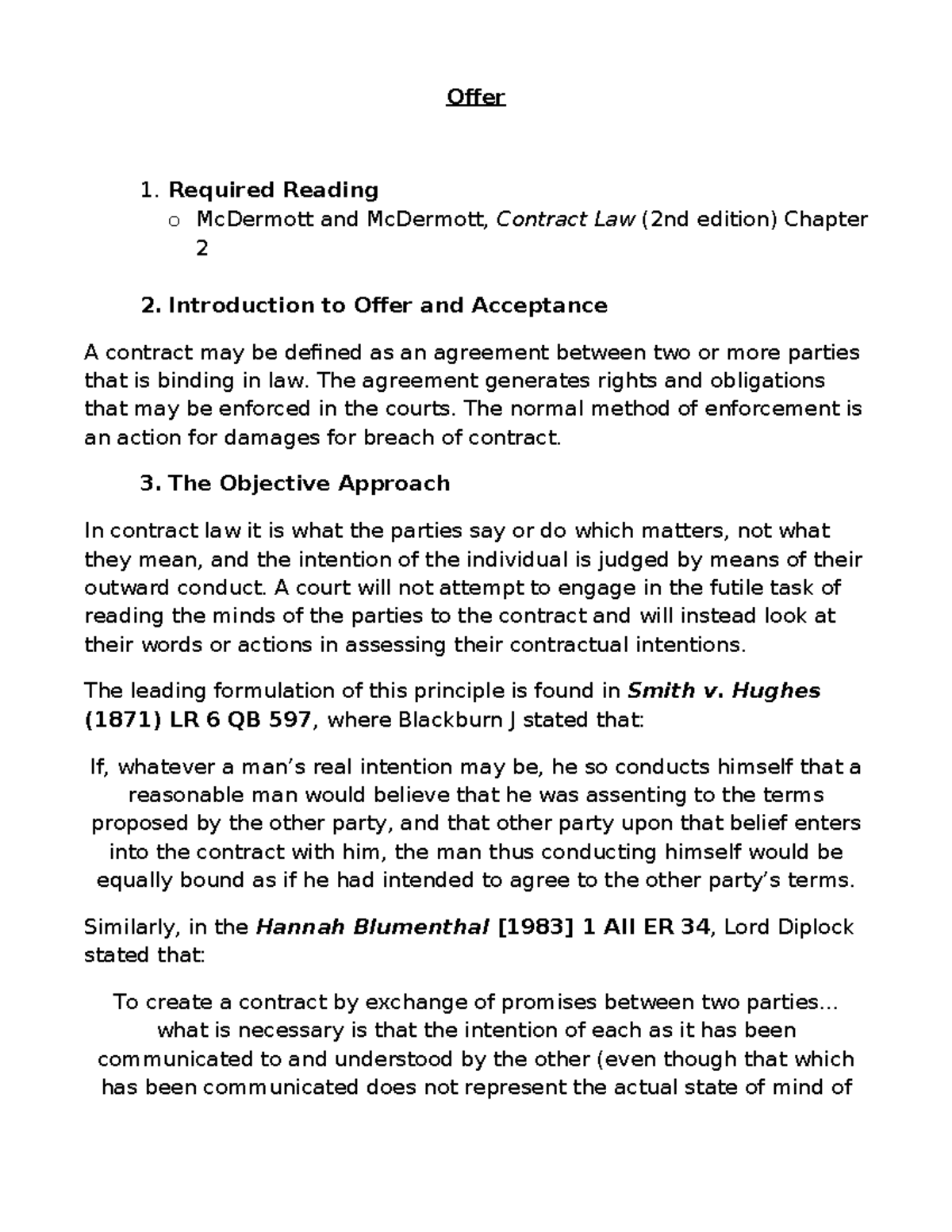 Contract Law (LAW101): Offer - Comprehensive Study Notes - Studocu