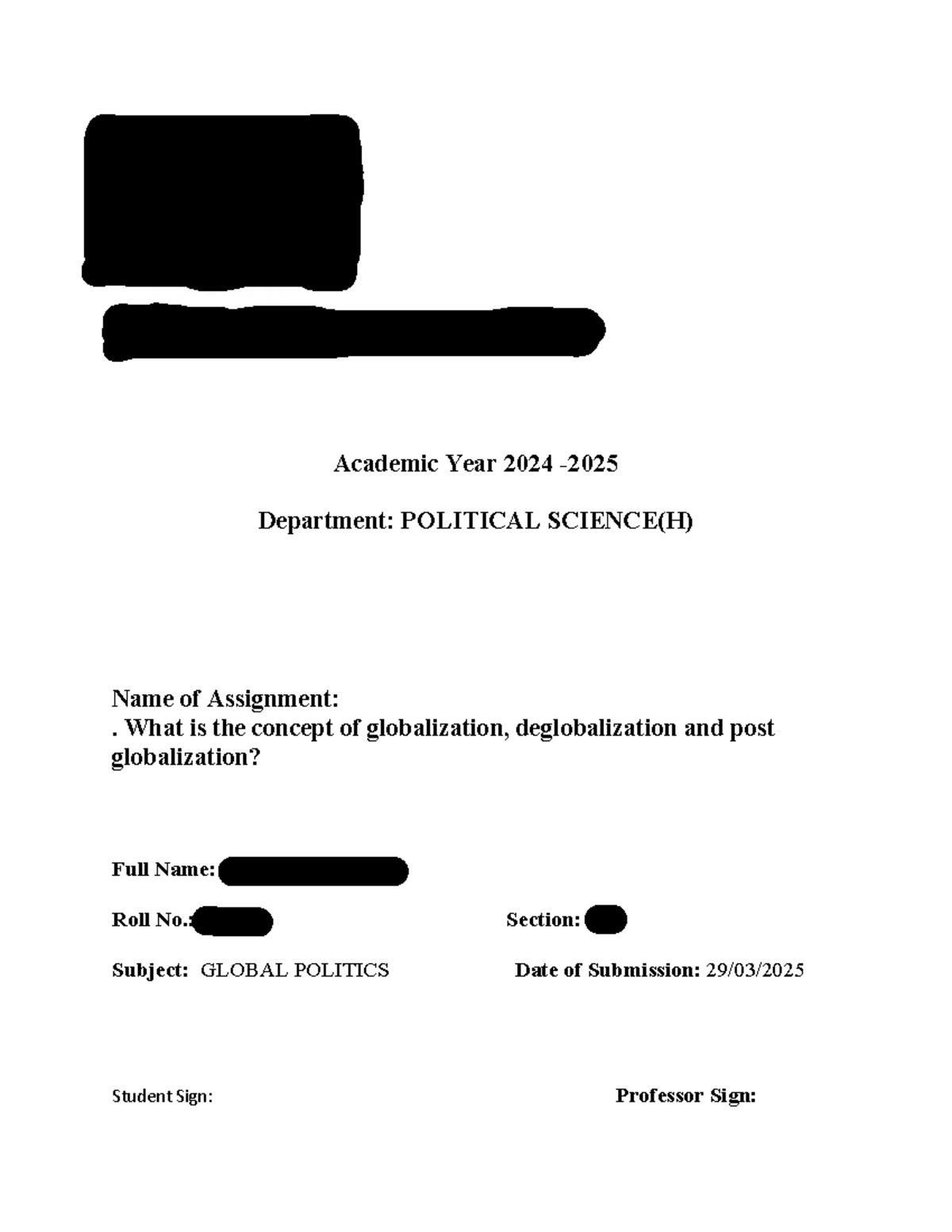POLITICAL SCIENCE(H) Assignment: Globalization, Deglobalization & - Studocu