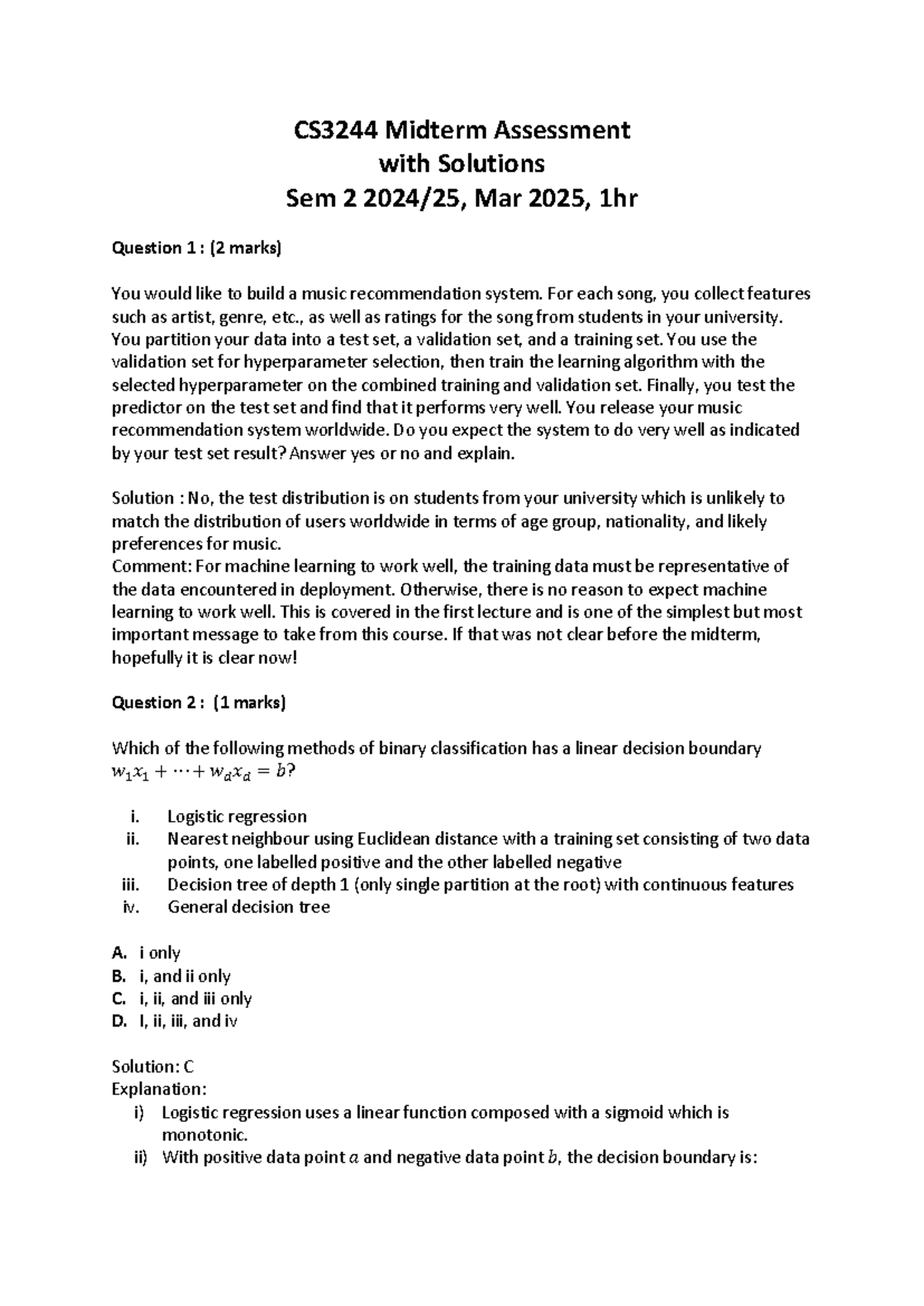 CS3244 Midterm Assessment Solutions - Music Recommendation System & ML ...