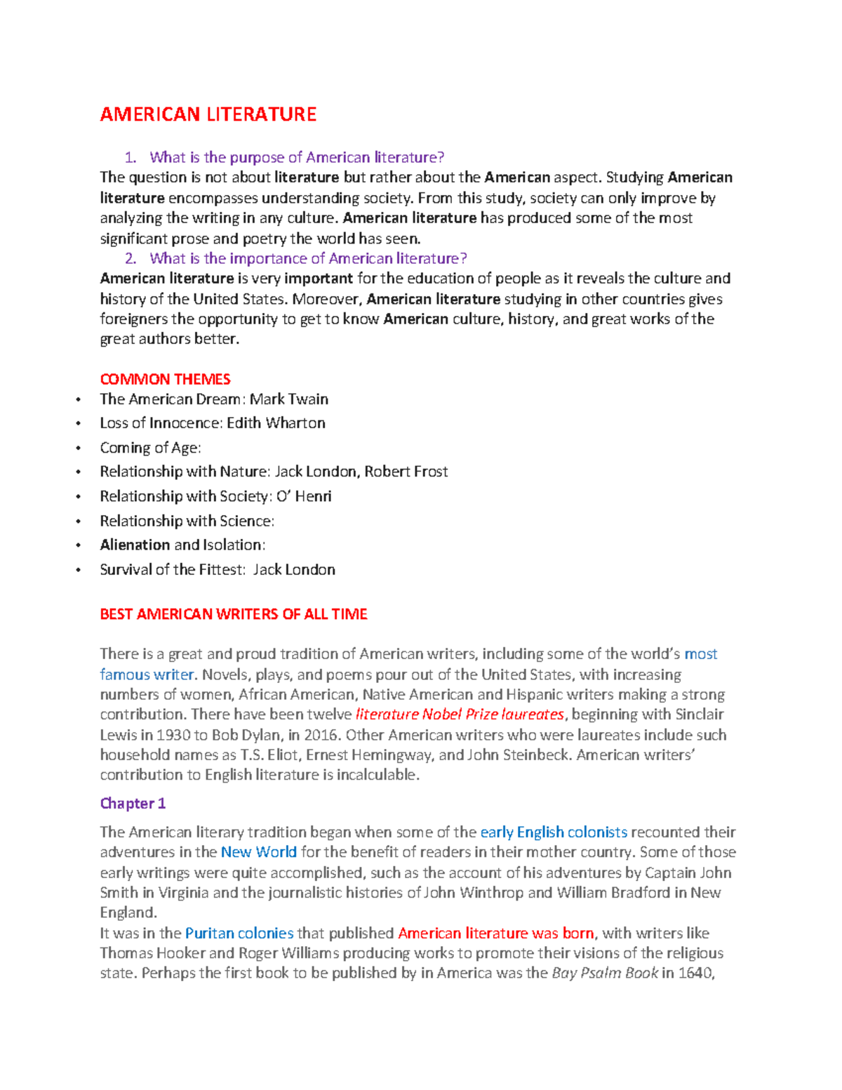 Summary of AMERICAN LITERATURE: Key Themes & Influential Writers - Studocu