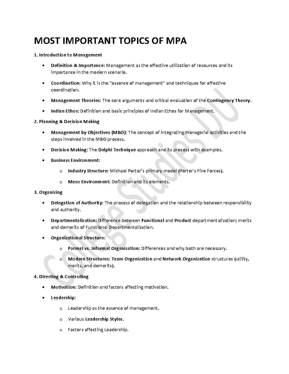 Key Topics for MPA Course: Management Principles & Theories - Studocu