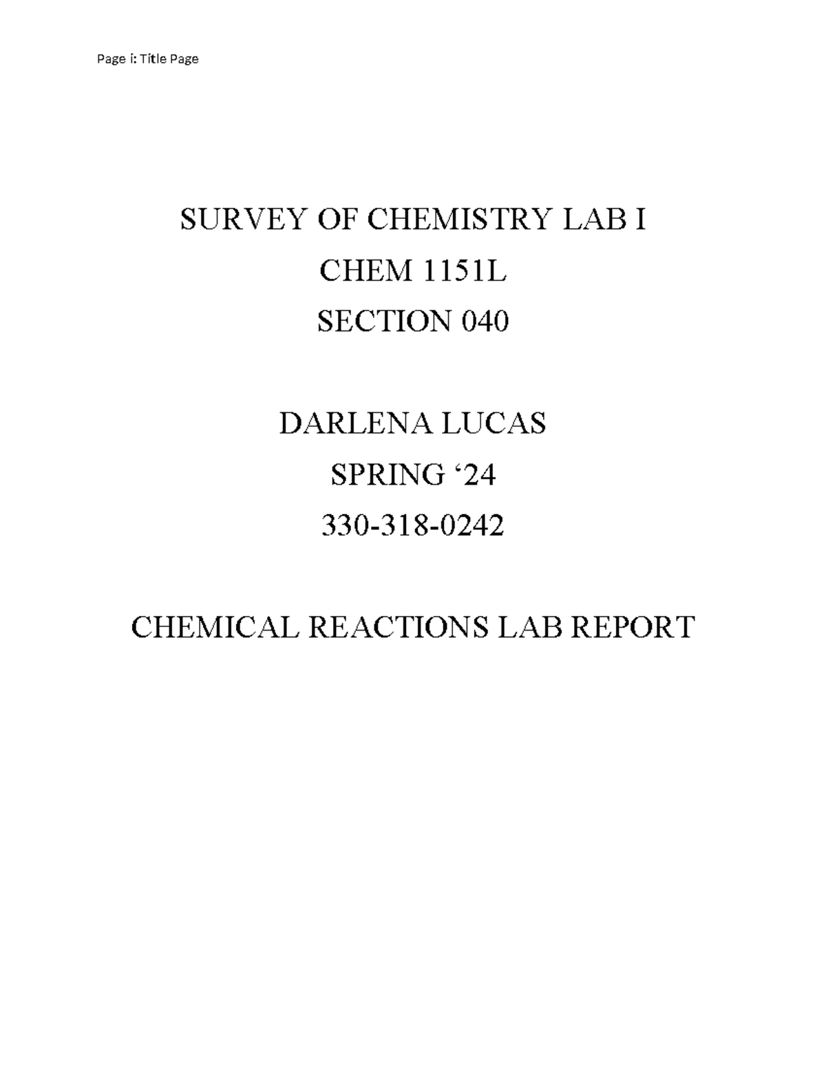 CHEM 1151L Spring Chemical Reactions Lab Report - Studocu