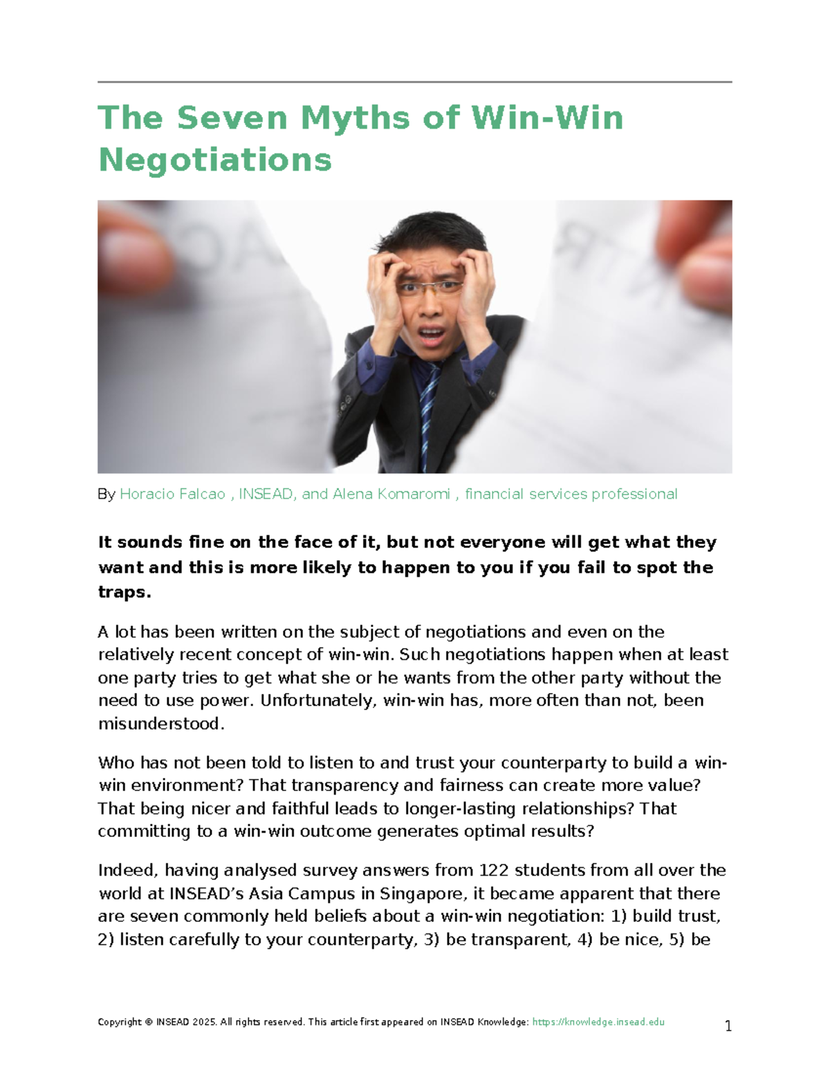 The Seven Myths of Win-Win Negotiations: Insights from INSEAD - Studocu