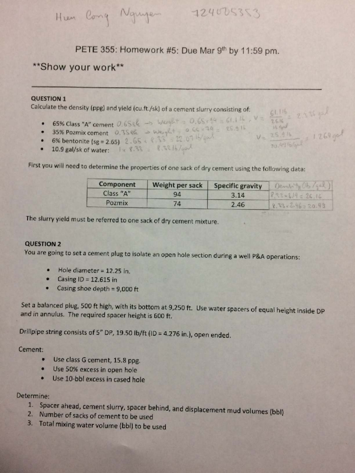 PETE 355: Homework 5 - Cement Slurry Density & Plug Calculation - Studocu