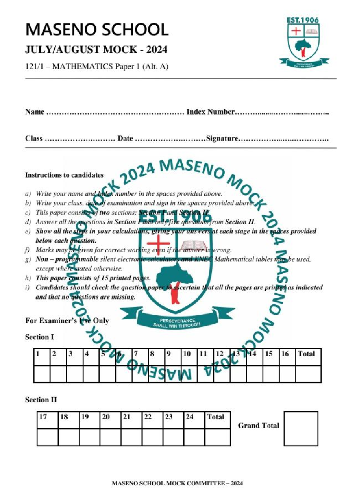 Maseno MOCK2024 Maths PP1 - EST MASENO SCHOOL ER MOCK 2024 MATHEMATICS ...