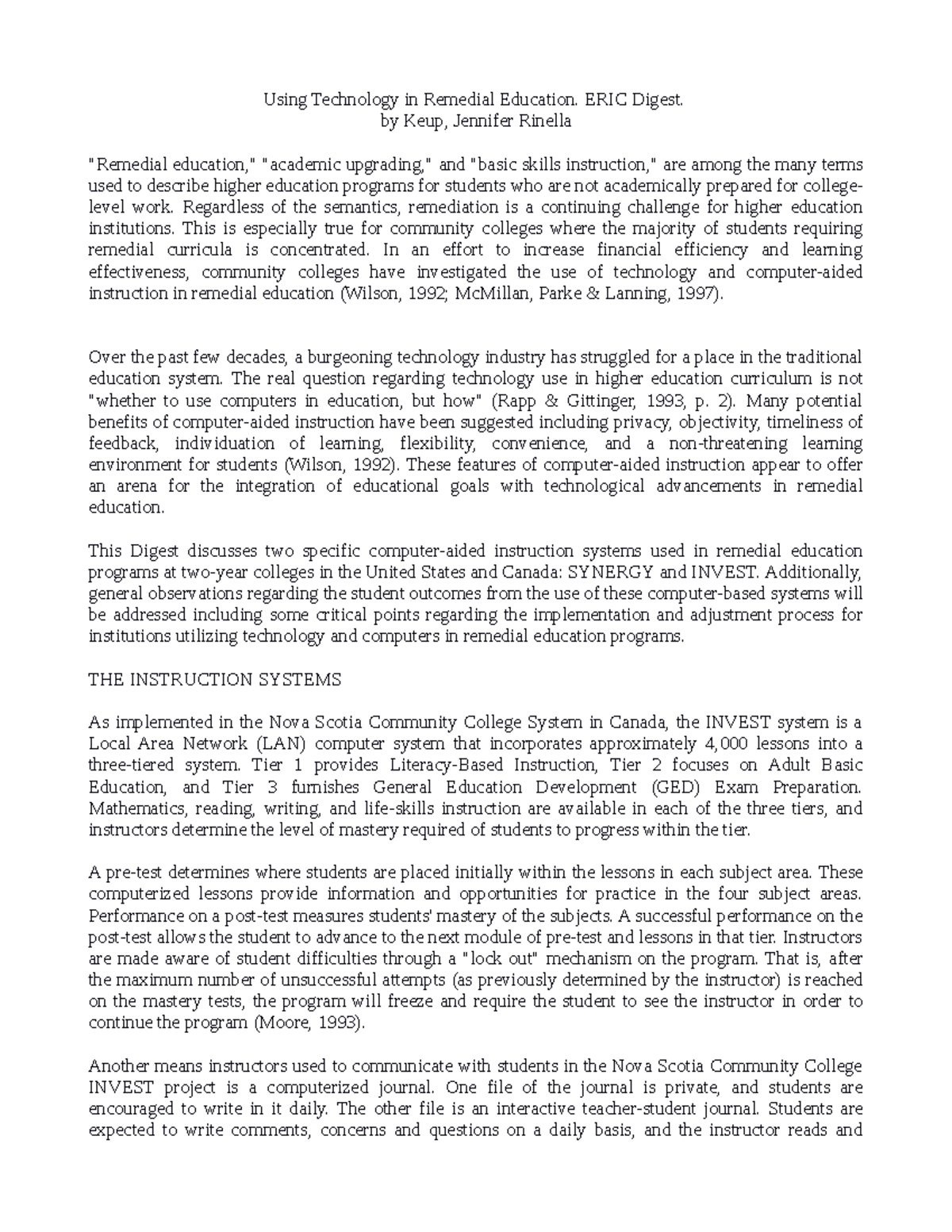 Using Technology in Remedial Education - ERIC Digest. by Keup, Jennifer ...