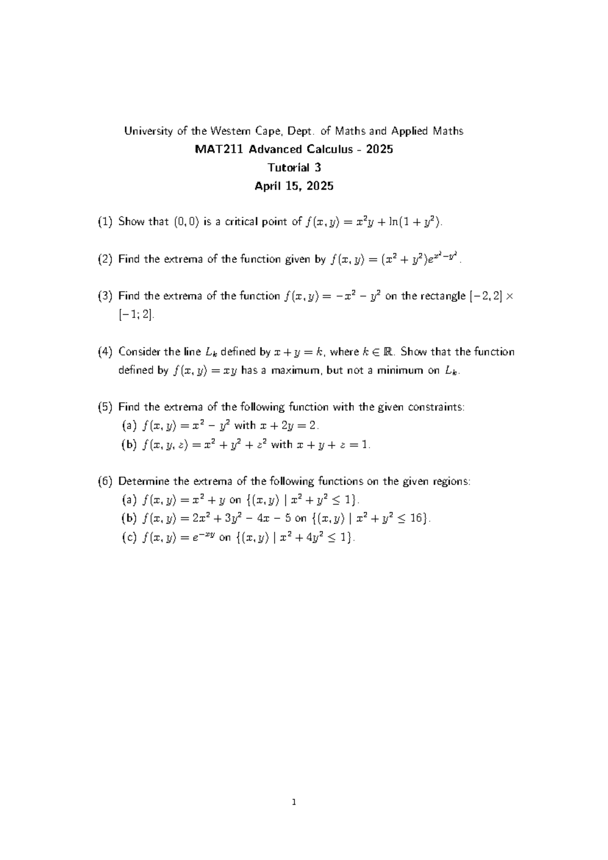 2025 MAT211 Advanced Calculus Tutorial 3: Critical Points & Extrema ...