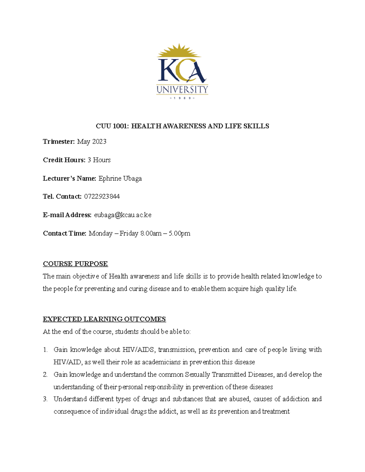 CUU 1001 Health Awareness & Life Skills Course Outline - May 2023 - Studocu