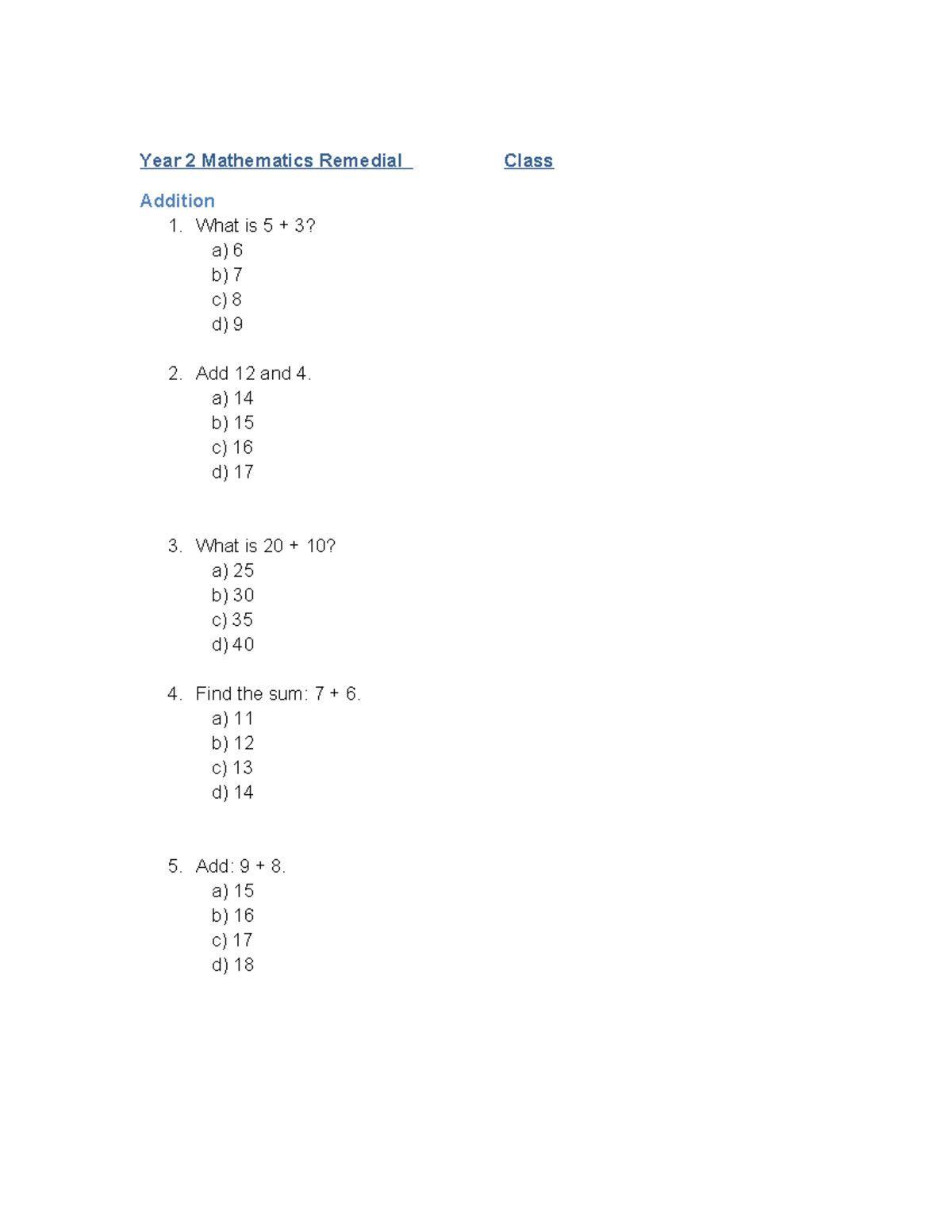 Year 2 Maths Remedial Class 1 - Year 2 Mathematics Remedial Class ...