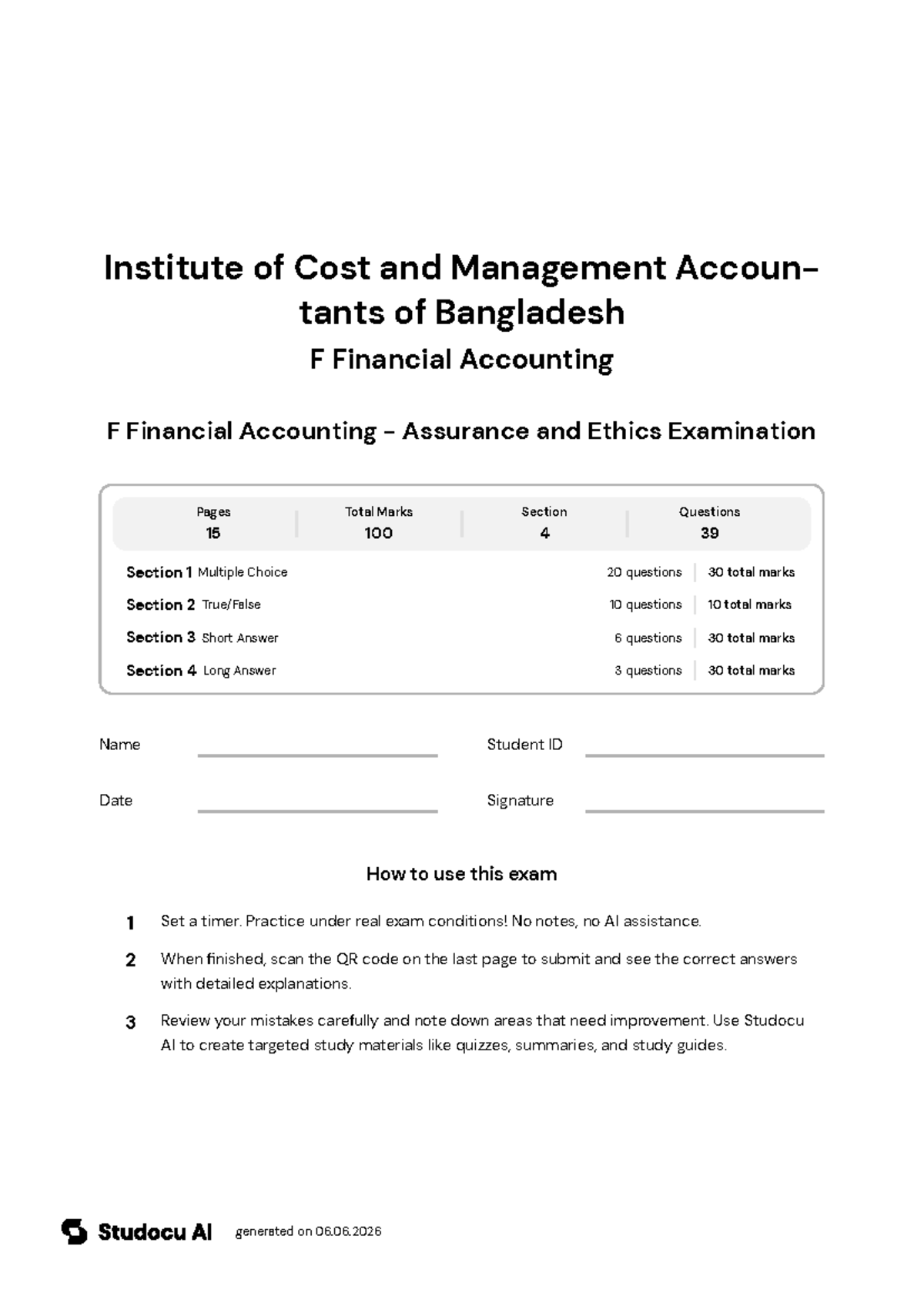 F Financial Accounting - Assurance and Ethics Exam - Studocu
