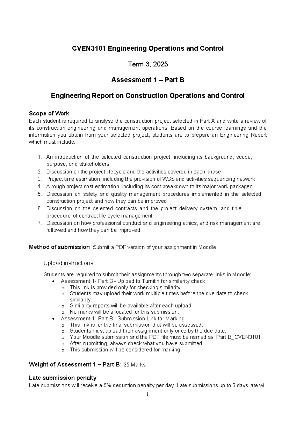 CVEN3101 Engineering Report on Construction Operations - Assessment 1 ...
