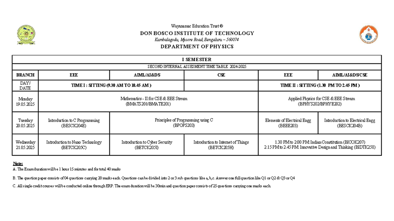 2nd Internal Assessment Time Table for CSE - 2nd Sem 2024-25 - Studocu