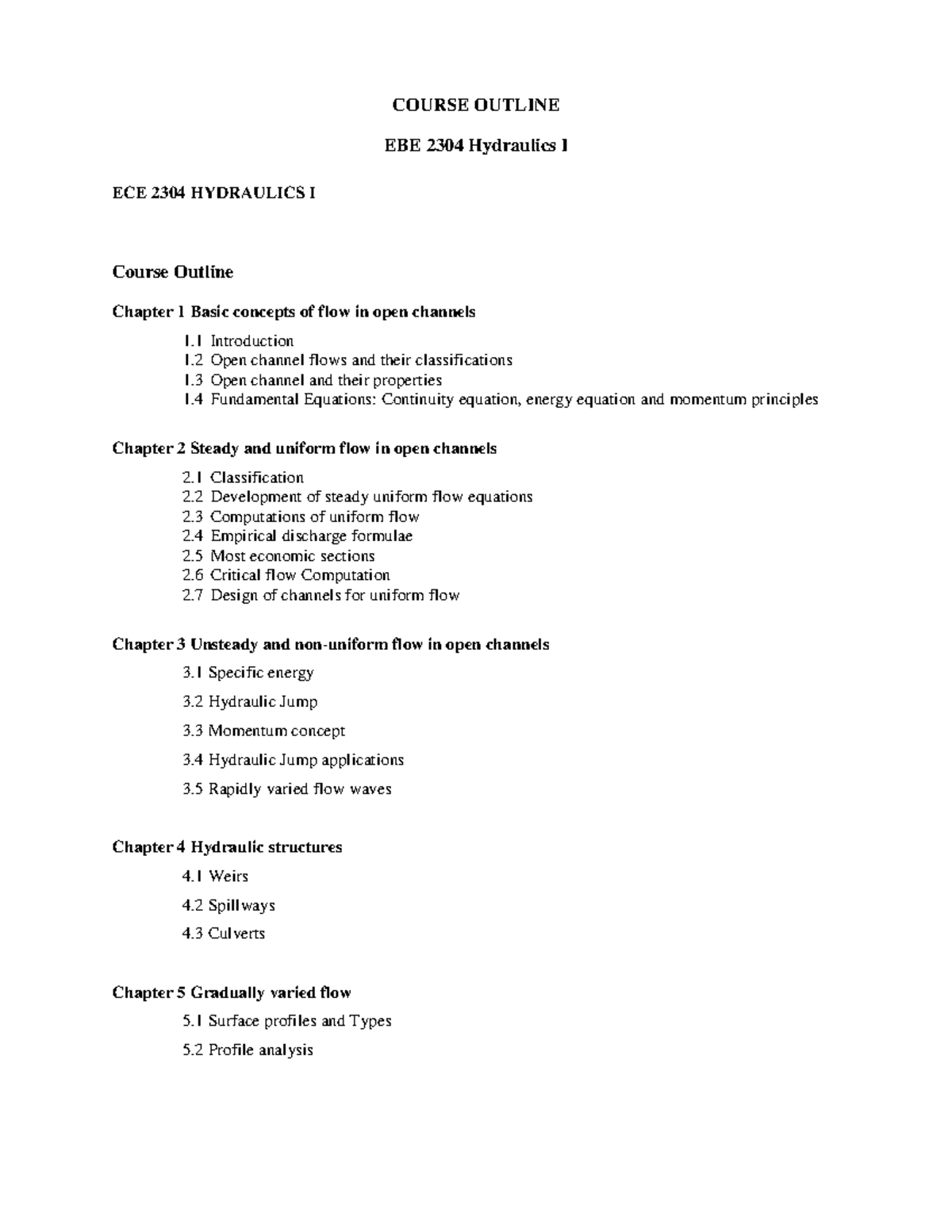 ECE 2304 Hydraulics I Comprehensive Course Outline and Overview - Studocu