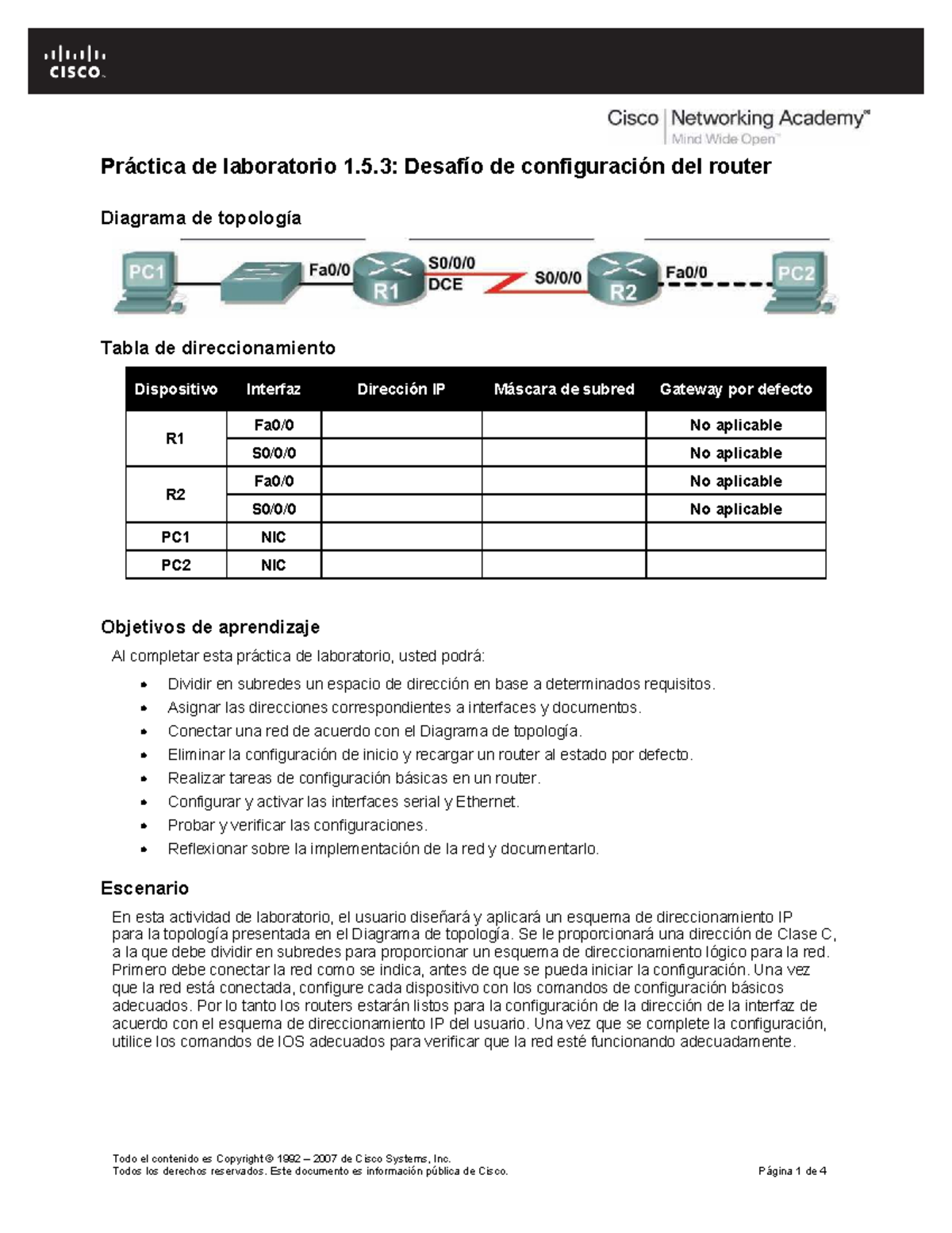 Práctica de Laboratorio CCNA 1.5.3: Configuración de Router y Subredes - Studocu