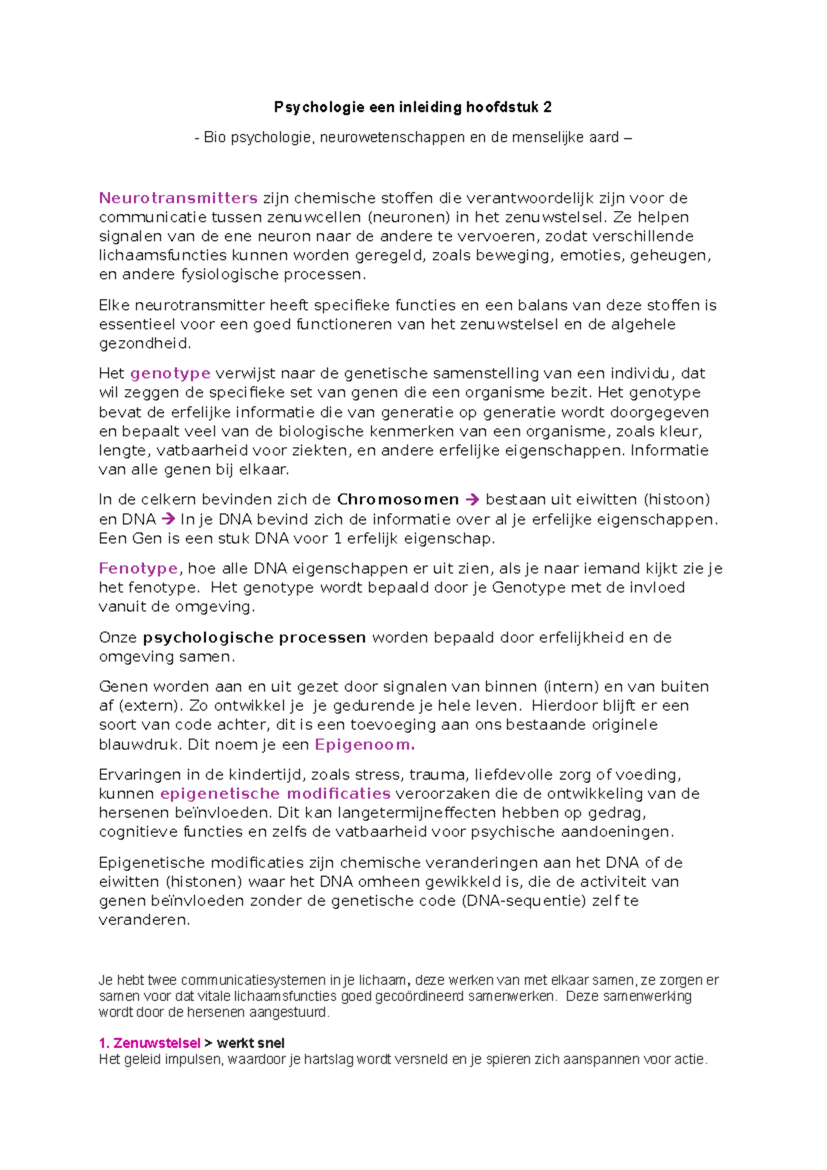 Psychologie een inleiding - Hoofdstuk 2: Biopsychologie en ...