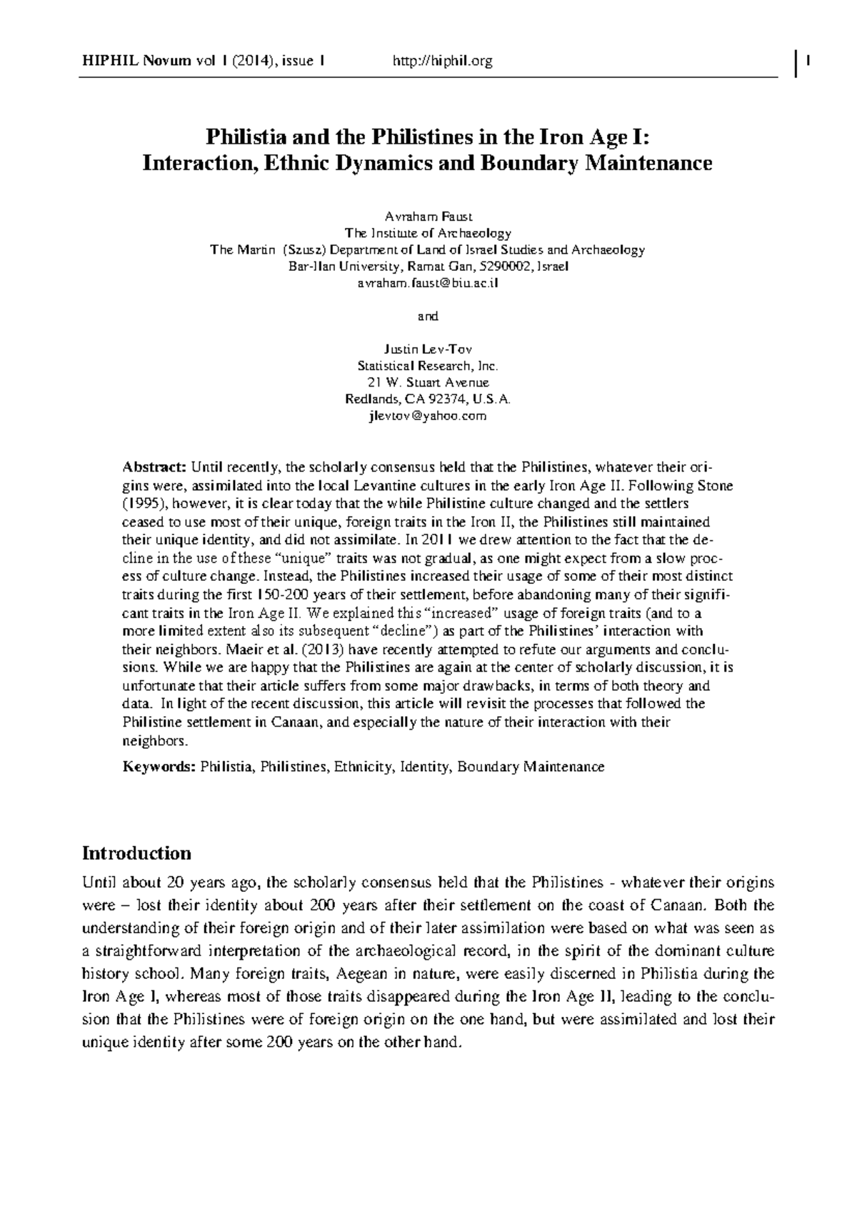 HIPHIL Novum vol 1 (2014) - Philistia and the Philistines in Iron Age I ...