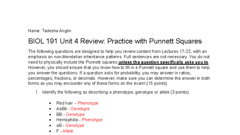 BIOL 191 Unit 4 Review: Punnett Squares & Inheritance Patterns - Studocu