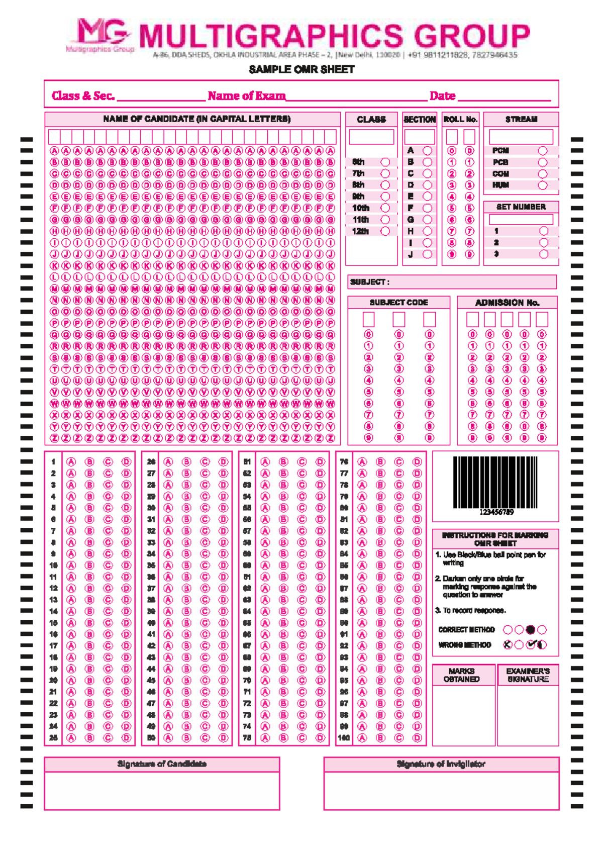 MG MULTIGRAPHICS GROUP Sample OMR Sheet for 100 Questions Exam - Studocu