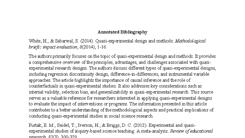 Annotated Bibliography: Design & Methods in Quasi-Experimental Research ...