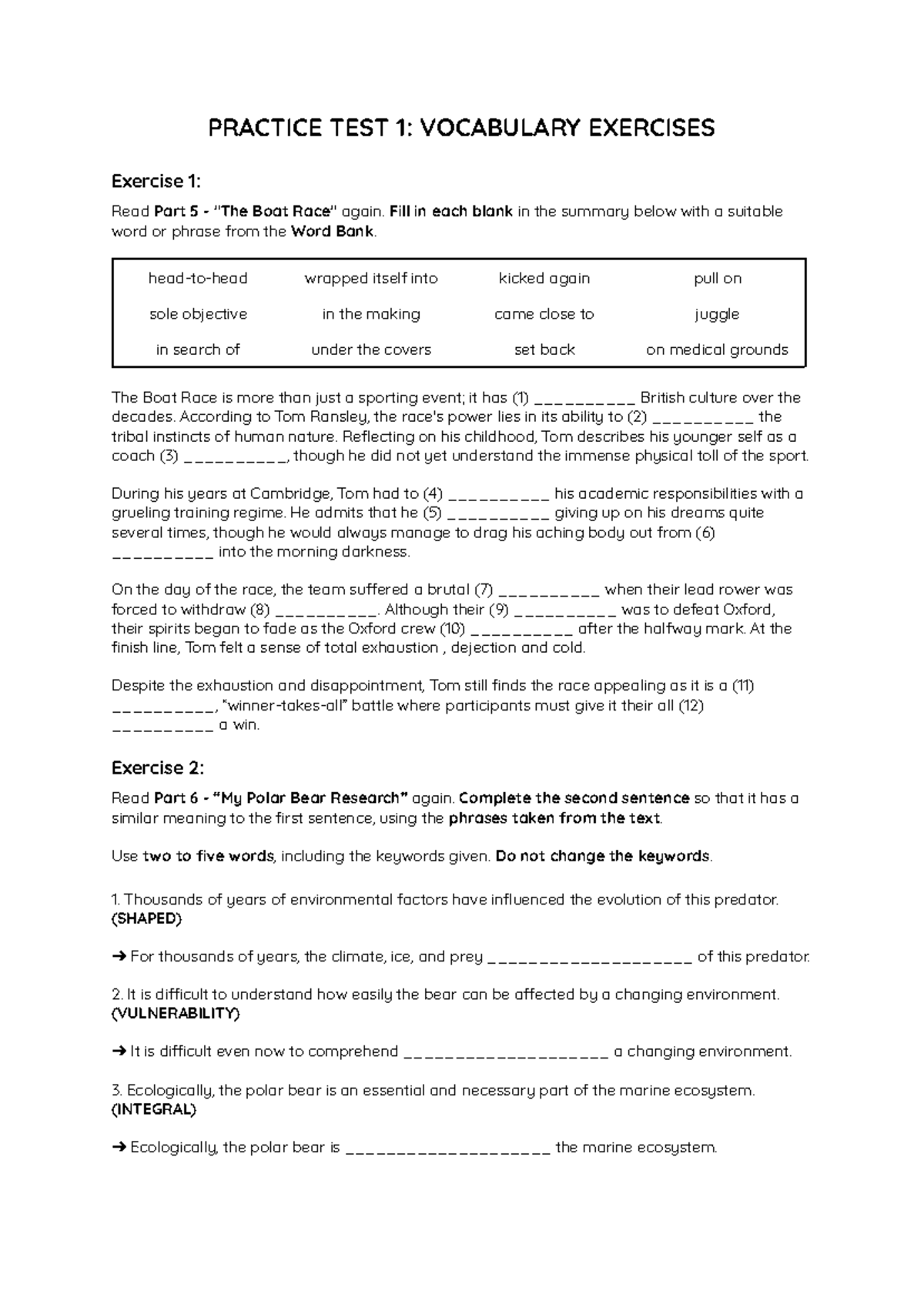 PRACTICE TEST 1: VOCABULARY EXERCISES - Studocu