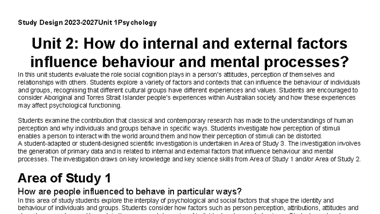 Study Design 1: Psychology Unit 2 - Influences on Behaviour ...