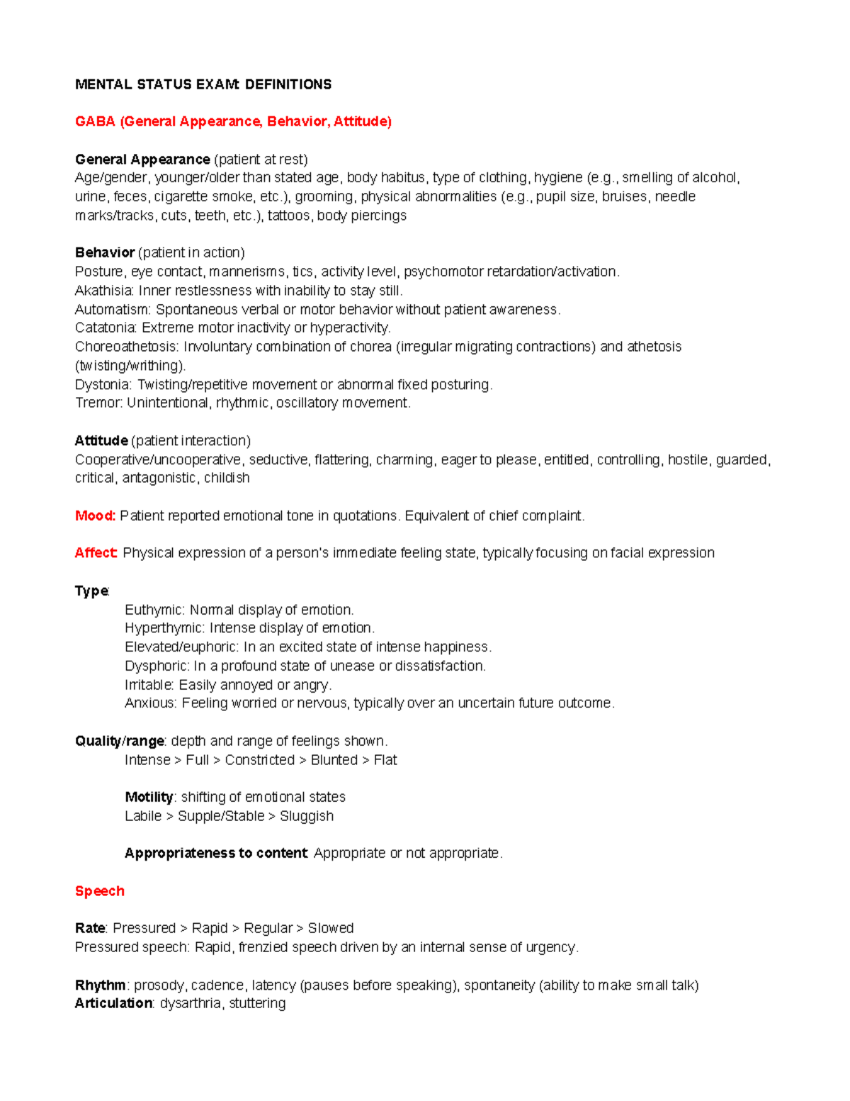 MSE Definitions: Key Terms for Mental Status Examination - Studocu